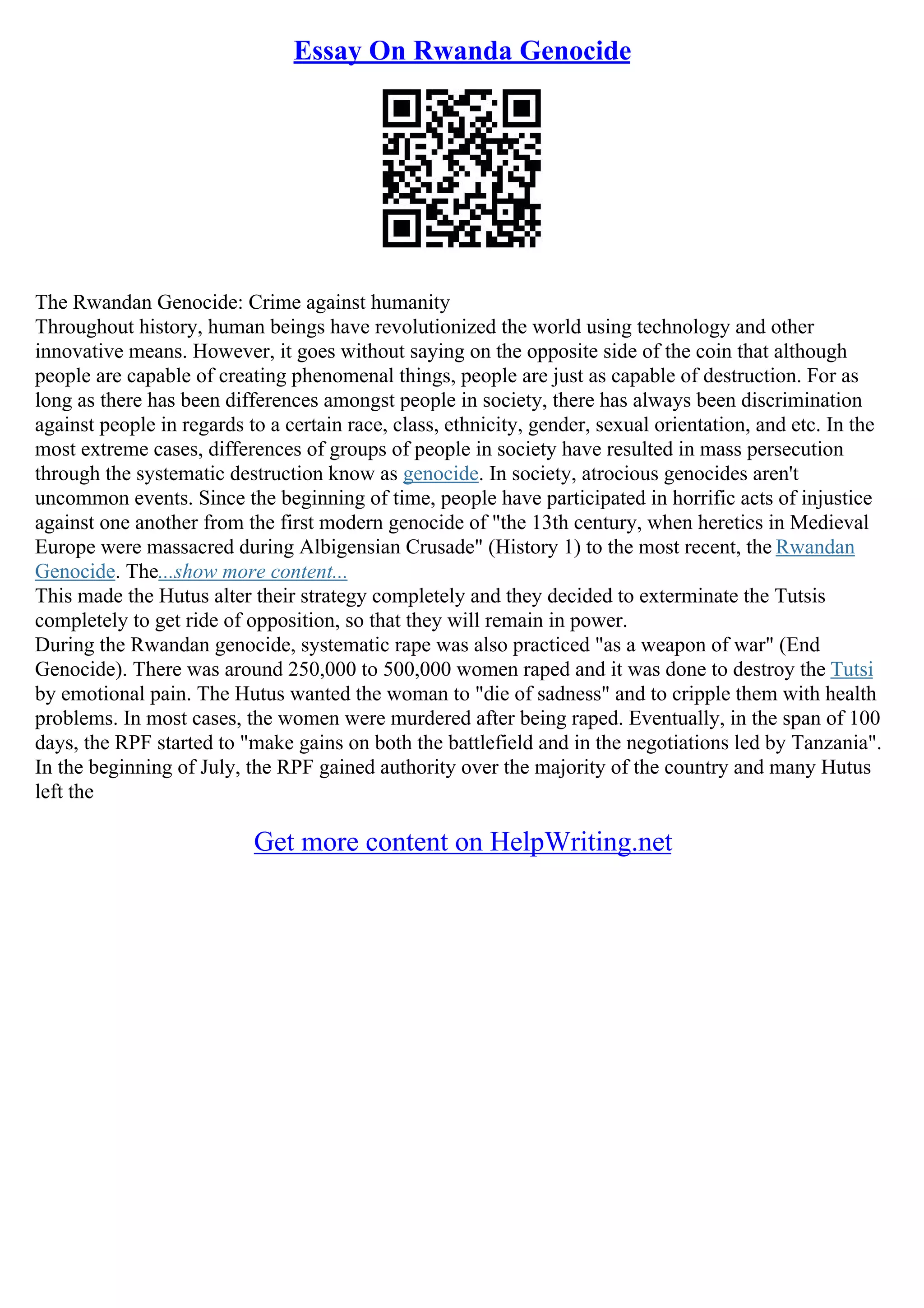 Rwandan Genocide Essay | PDF