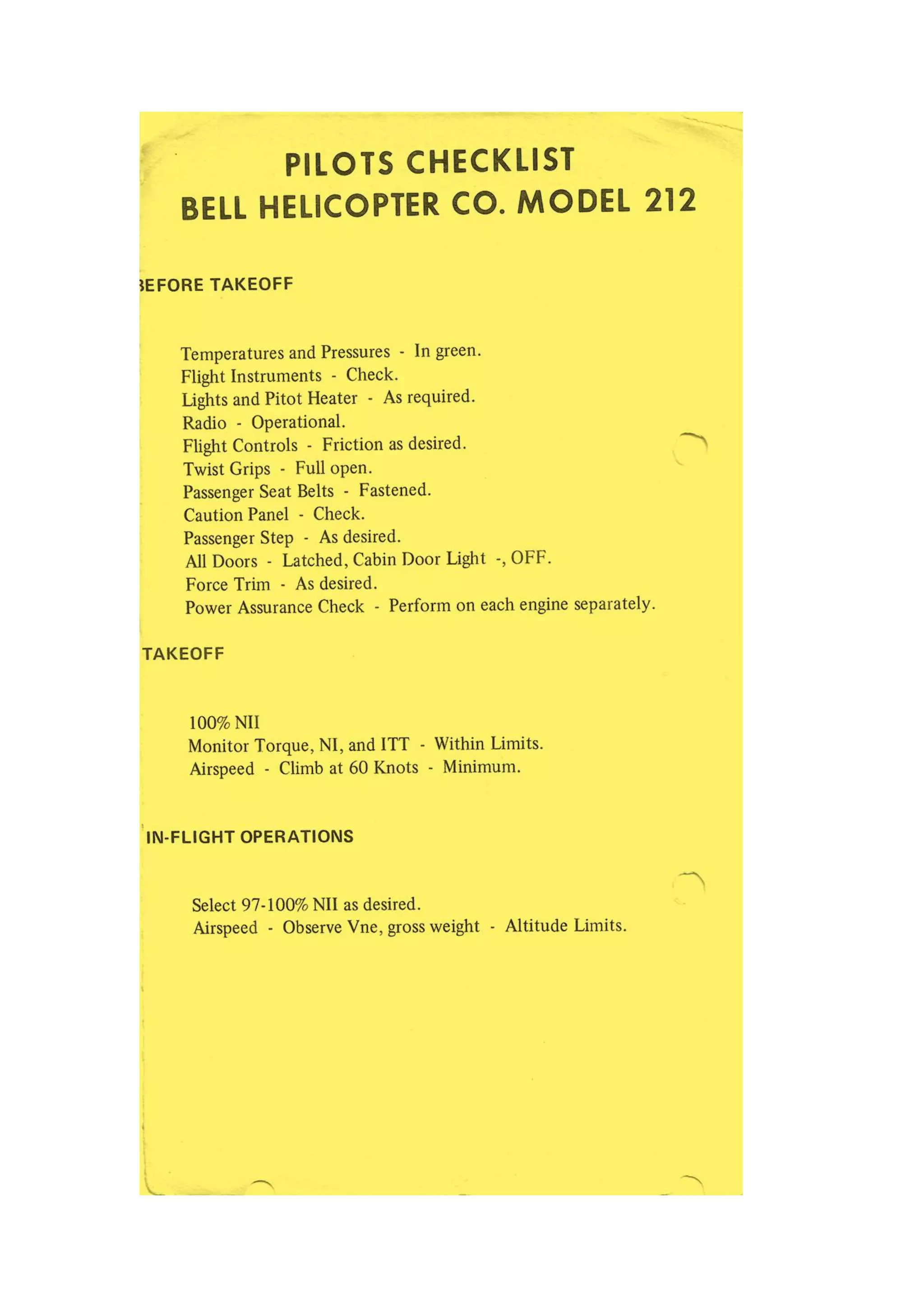 PILOTS CHECKLIST Bell Helicopters : Model 212 | PDF