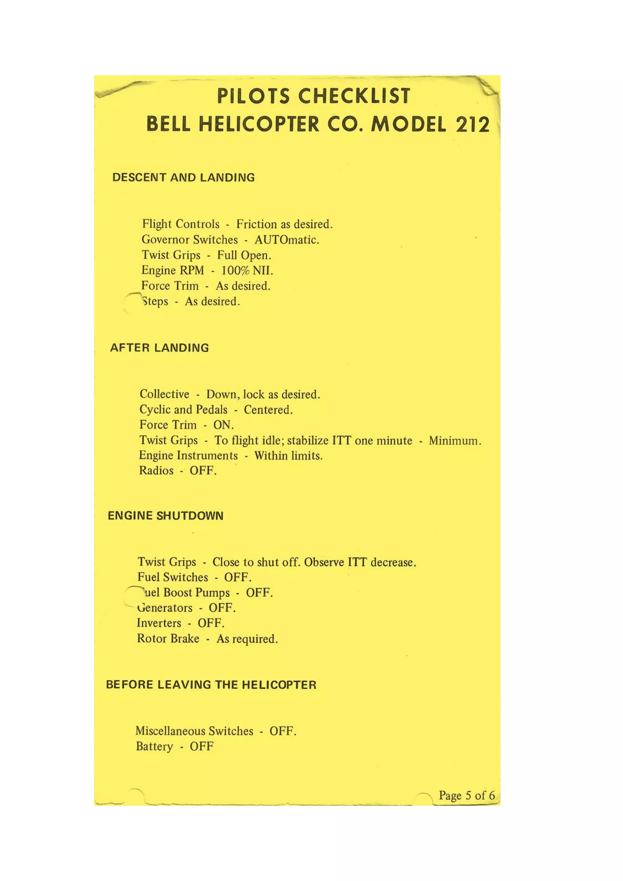 PILOTS CHECKLIST Bell Helicopters : Model 212 | PDF