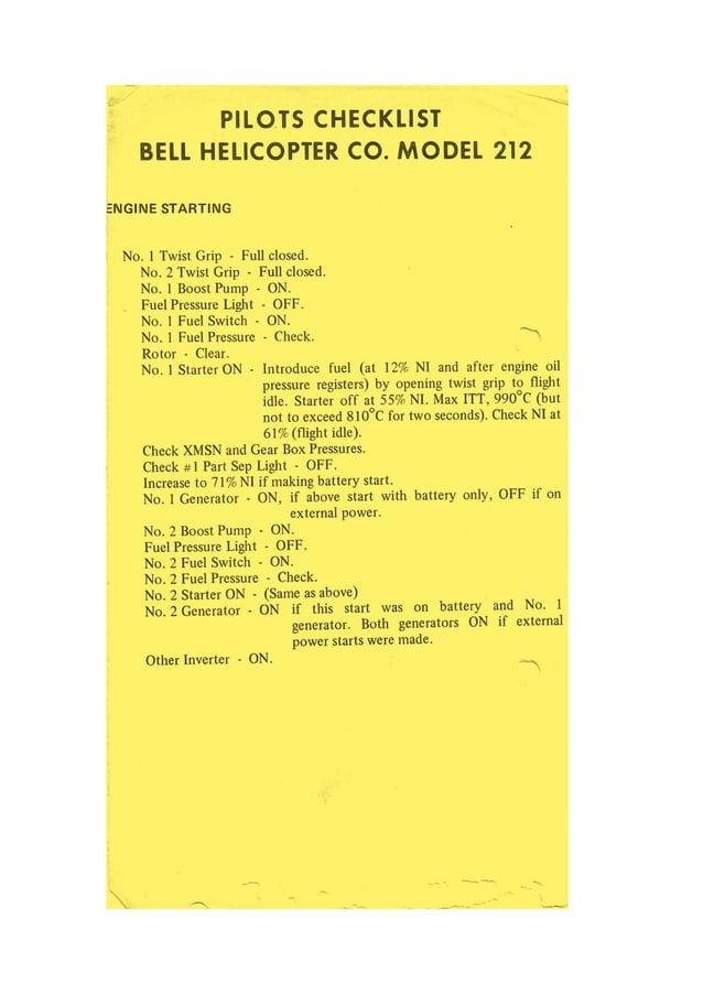 PILOTS CHECKLIST Bell Helicopters : Model 212 | PDF | Air Travel ...
