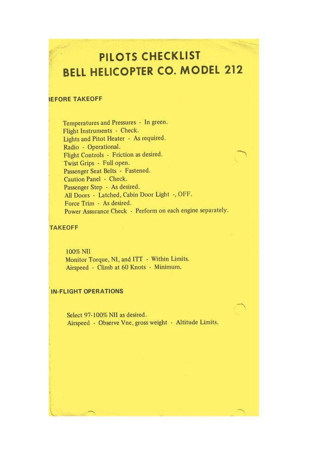 PILOTS CHECKLIST Bell Helicopters : Model 212 | PDF | Air Travel ...