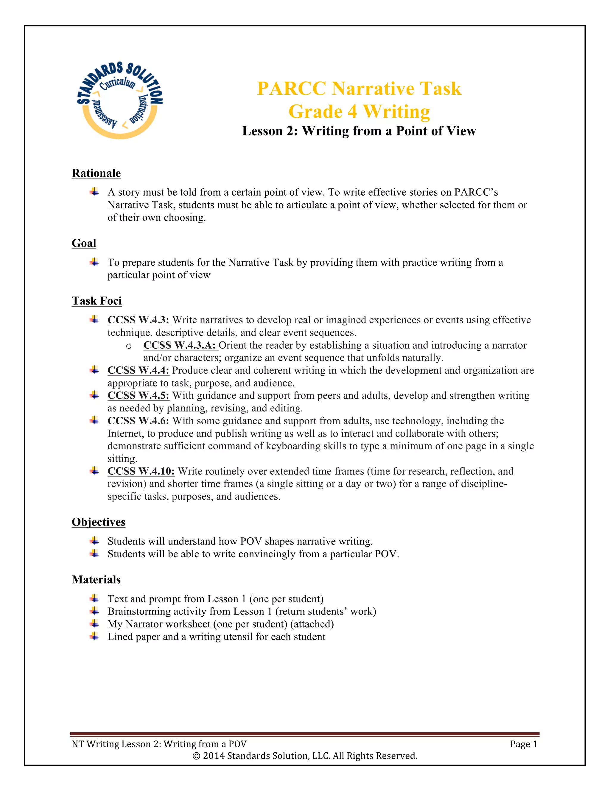 PARCC lesson plan writing grade 4 | PDF