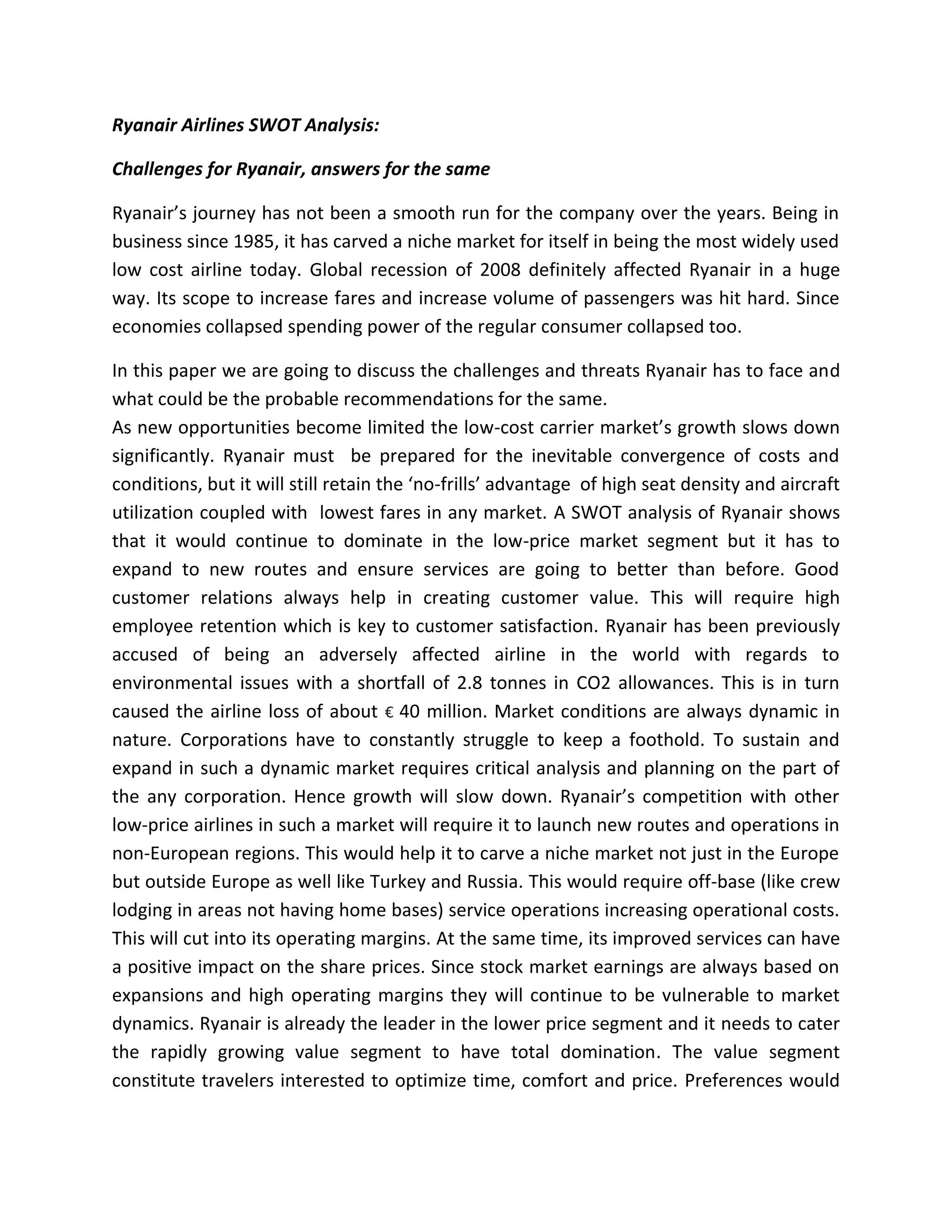 Ryanair swot analysis | PDF