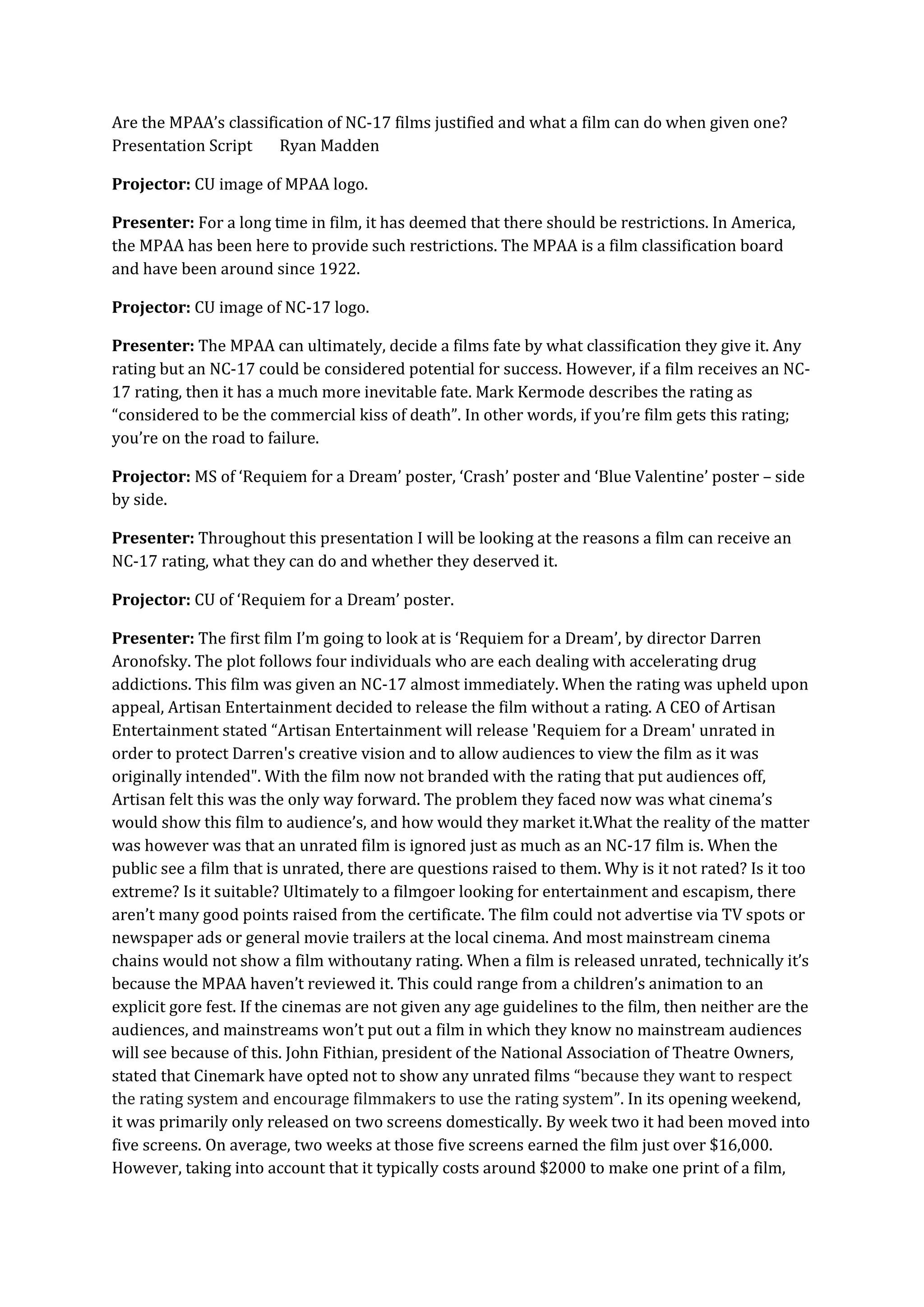 ¬Are the MPAA’s classification of NC-17 films justified and what a film ...