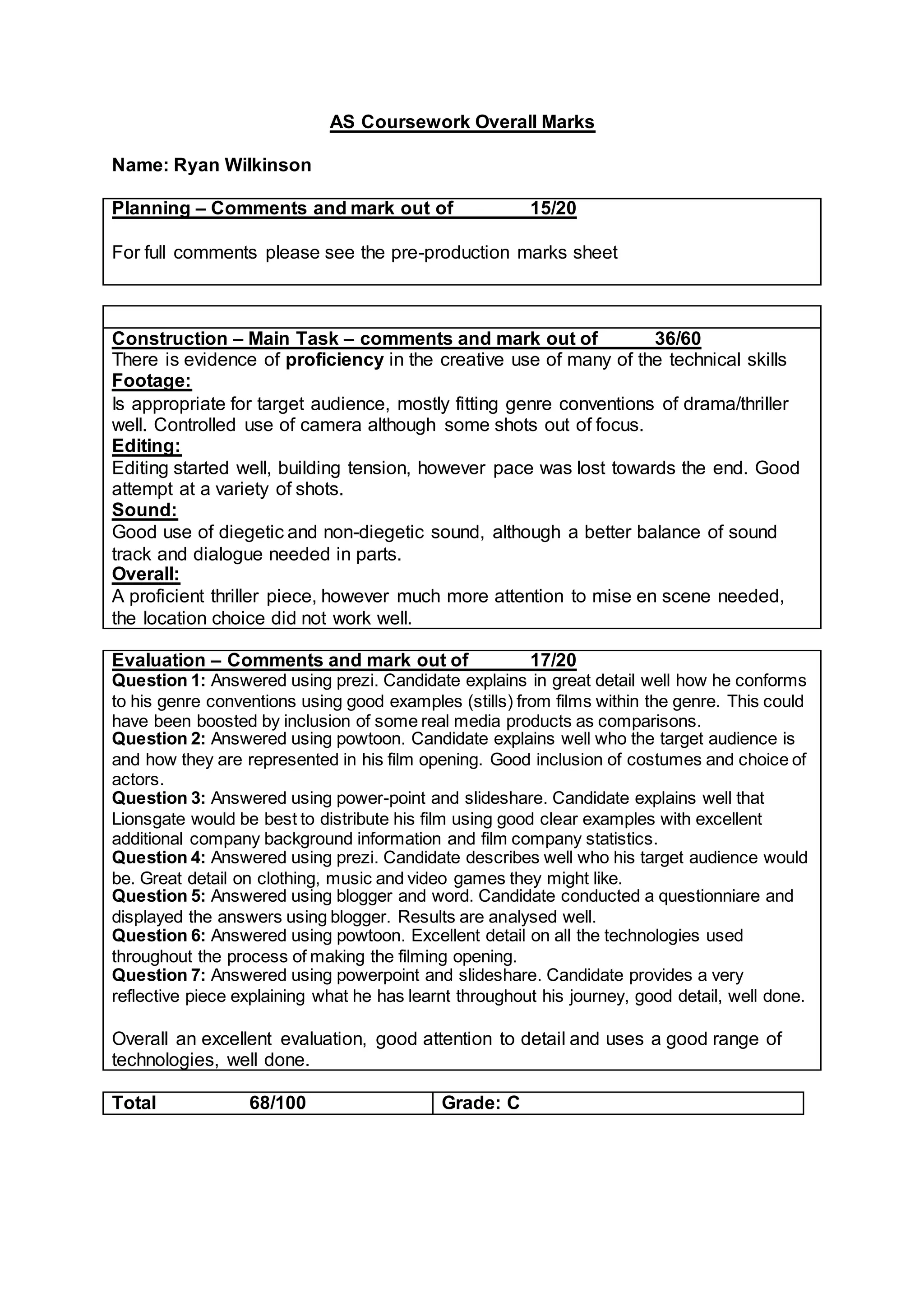 Ryan wilkinson as coursework overall marksheet | PDF