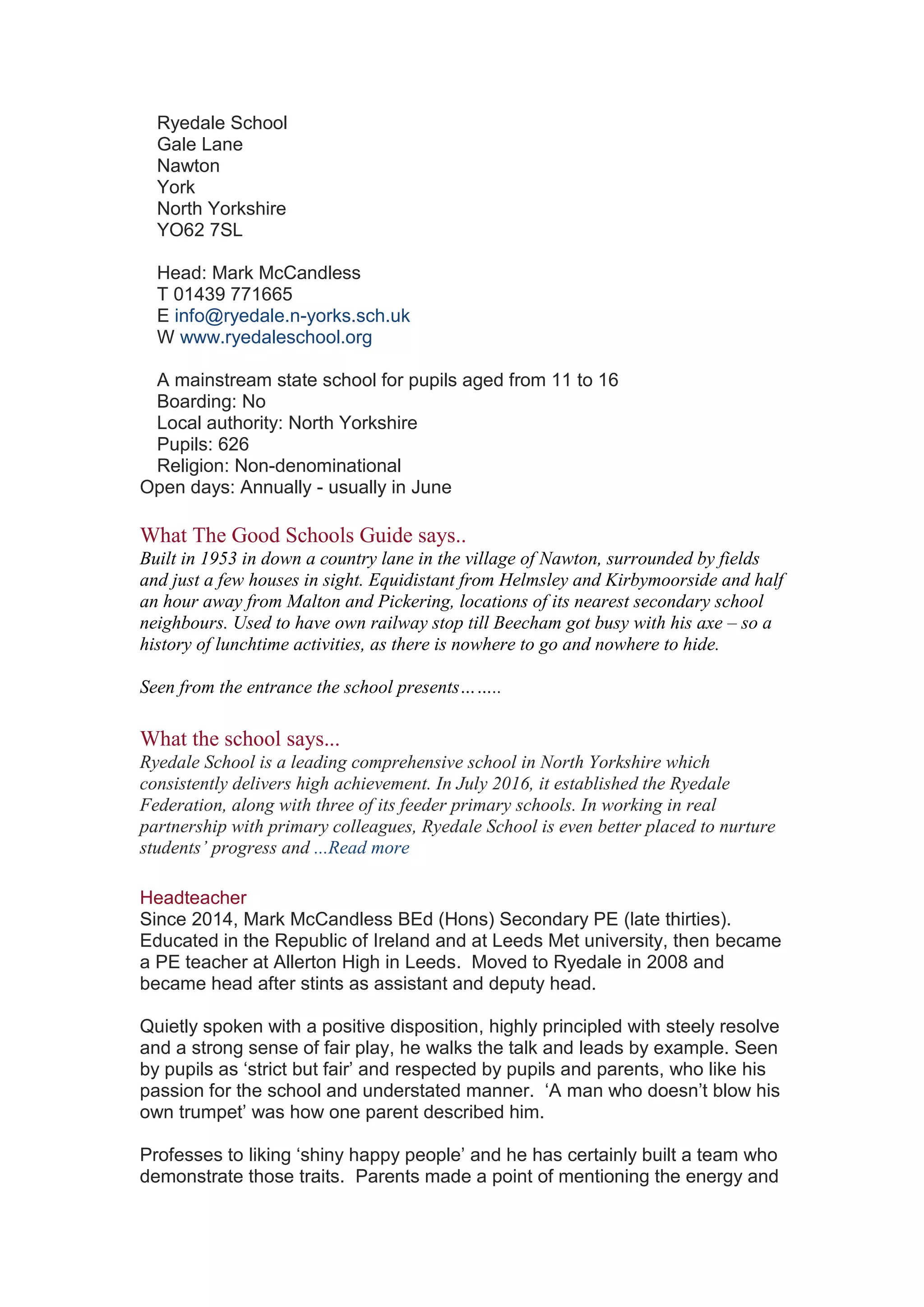 Ryedale School review from The Good School Guide | PDF