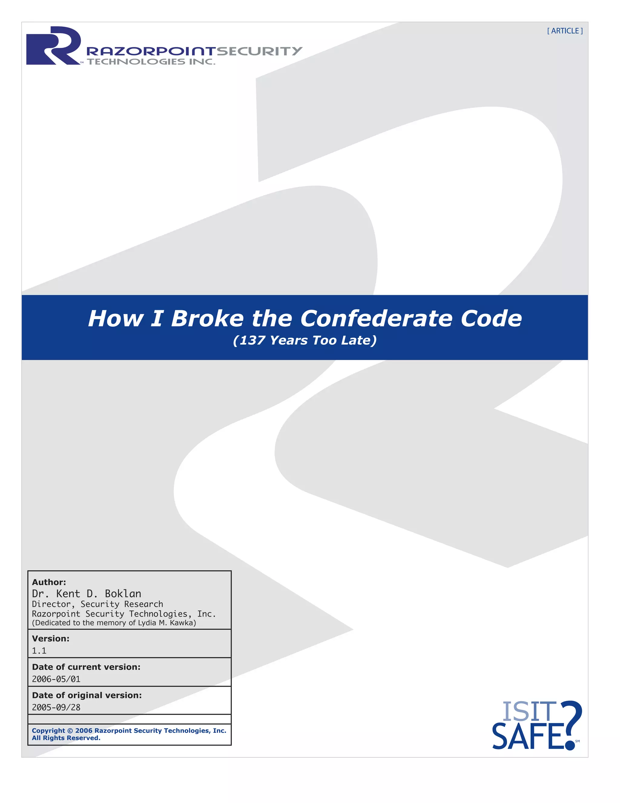 HOW I BROKE THE CONFEDERATE CODE (137 YEARS TOO LATE) | PDF