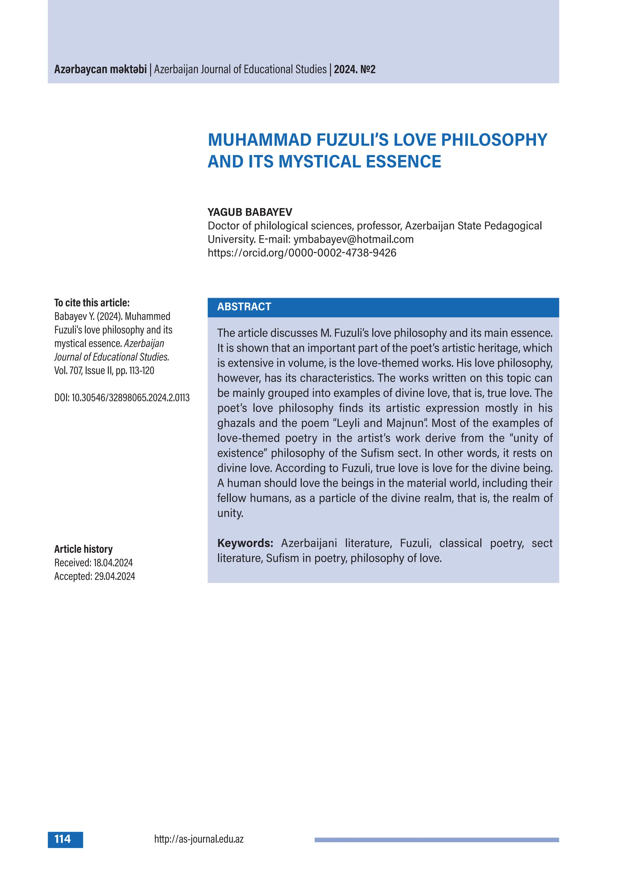 MƏHƏMMƏD FÜZULİNİN EŞQ FƏLSƏFƏSİ VƏ ONUN İRFANİ MAHİYYƏTİ / MUHAMMAD ...