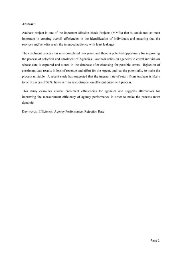 Optimizing Agency Efficiency For Aadhaar Enrolments Pdf