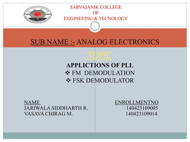 (S.C.E.T) Appliction of pll fm demodulation fsk demodulation | PPTX