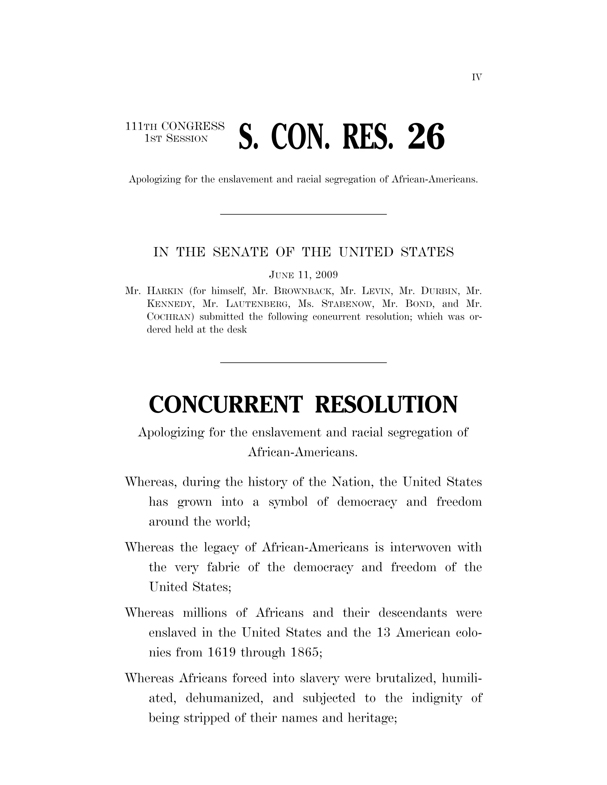 S. Con. Res. 26 Apology For Slavery | PDF