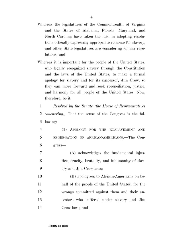 S. Con. Res. 26 Apology For Slavery | PDF