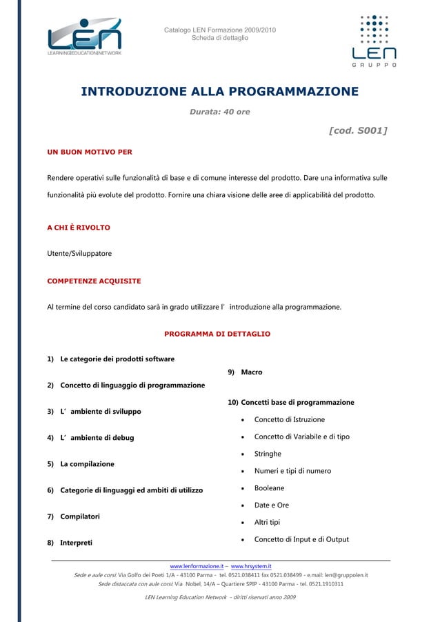 Introduzione alla programmazione - Scheda corso LEN | PDF | Programming Languages | Computing