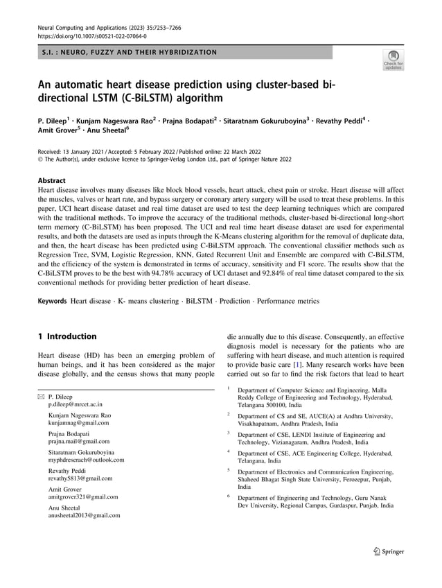 An automatic heart disease prediction using cluster-based bidirectional LSTM (C-BiLSTM ...