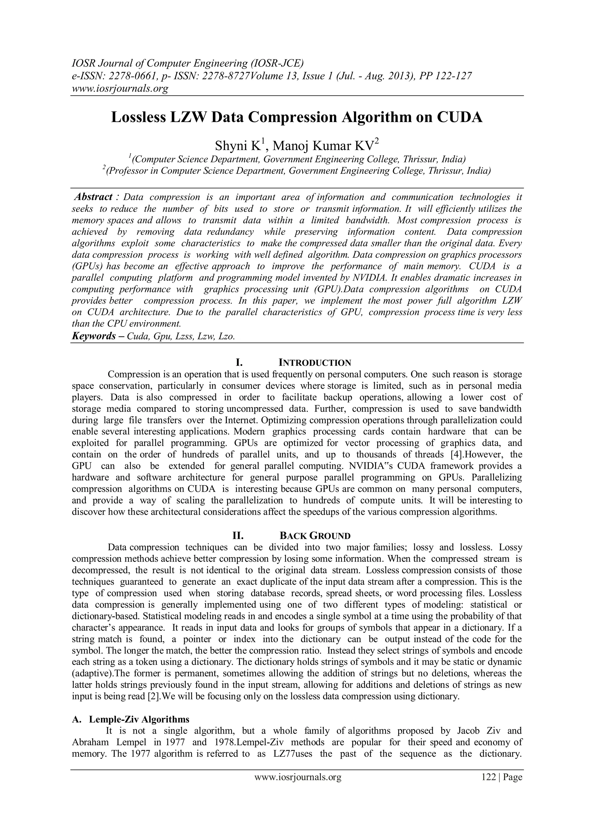Lossless LZW Data Compression Algorithm on CUDA | PDF