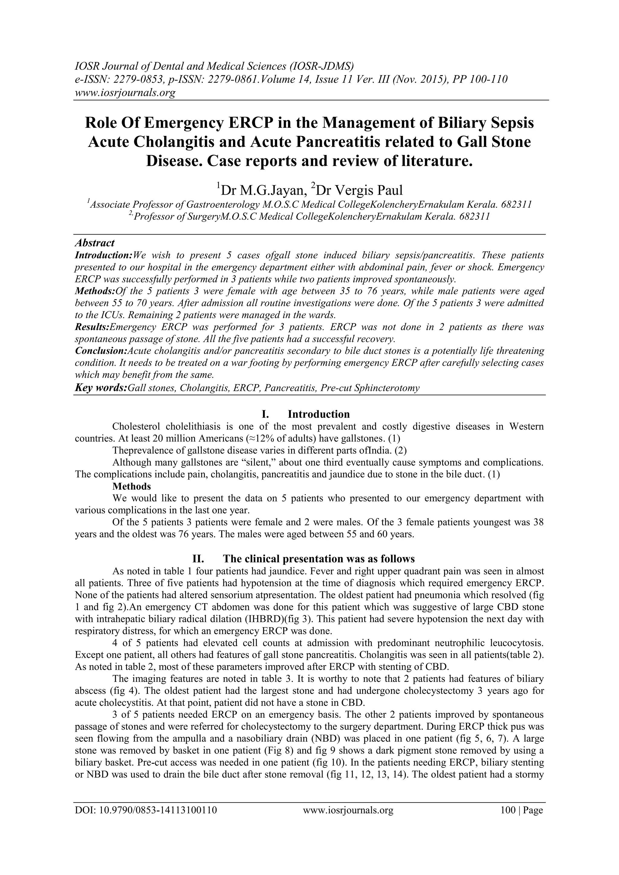 Role Of Emergency ERCP in the Management of Biliary Sepsis Acute ...