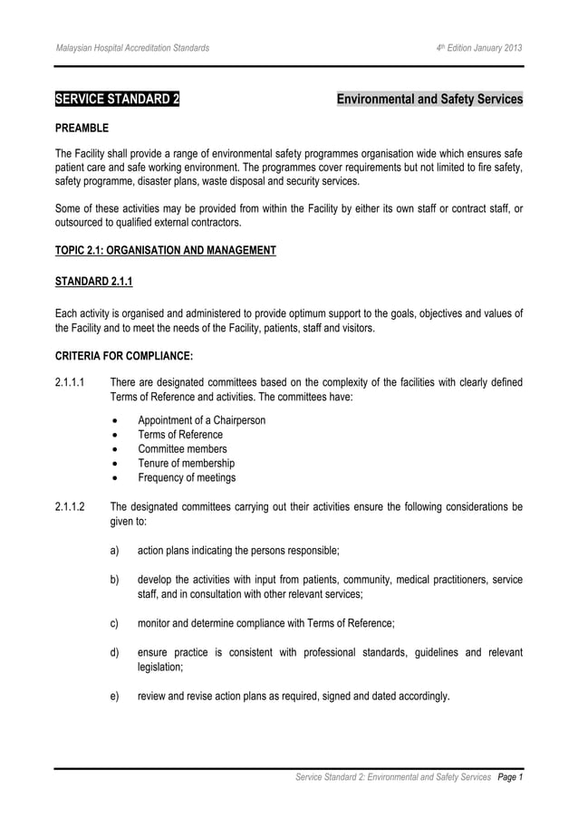 MSQH 4th Edition: Standard 2- Environment and Safety Services | PDF