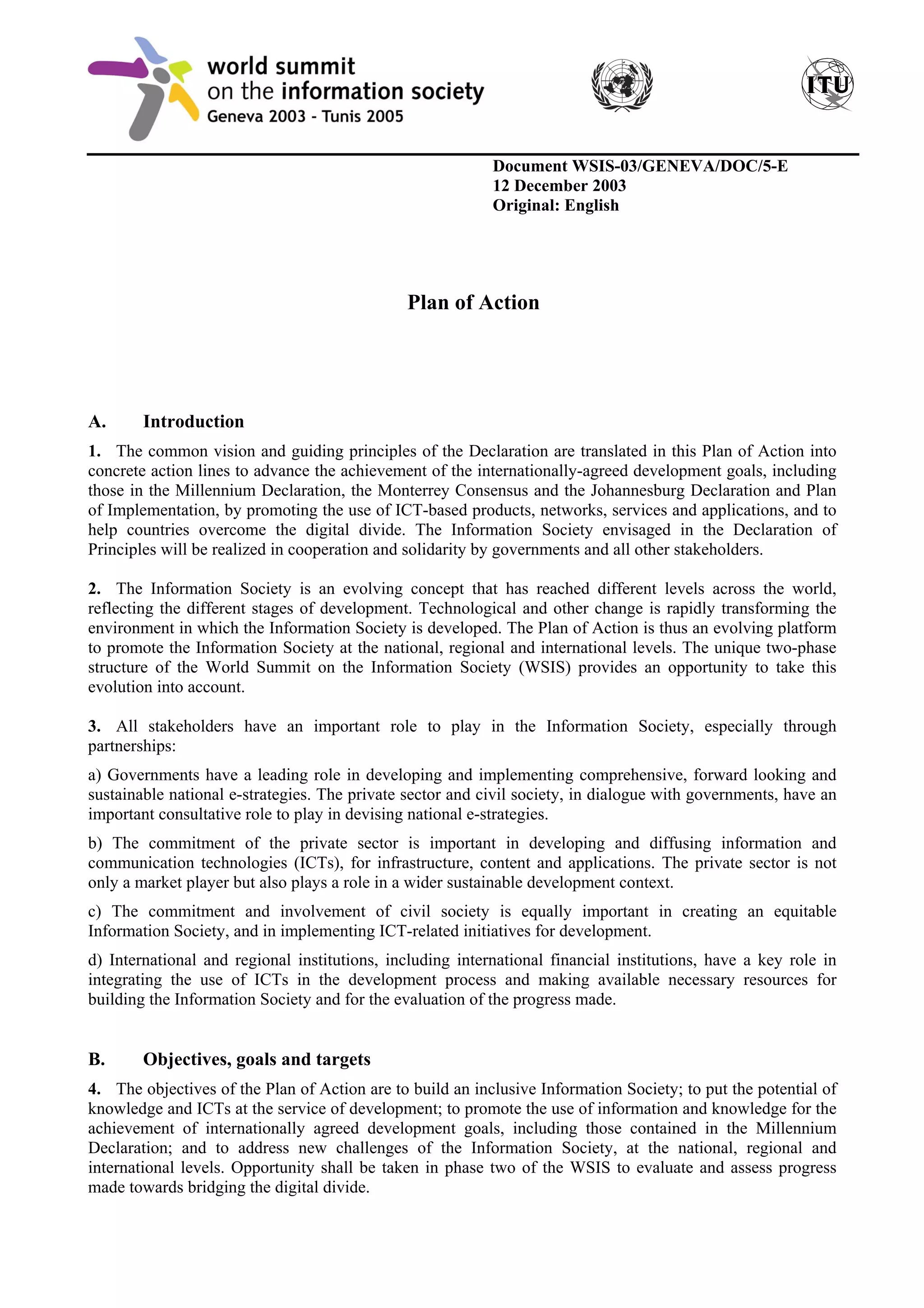 WSIS: Plan of Action | PDF