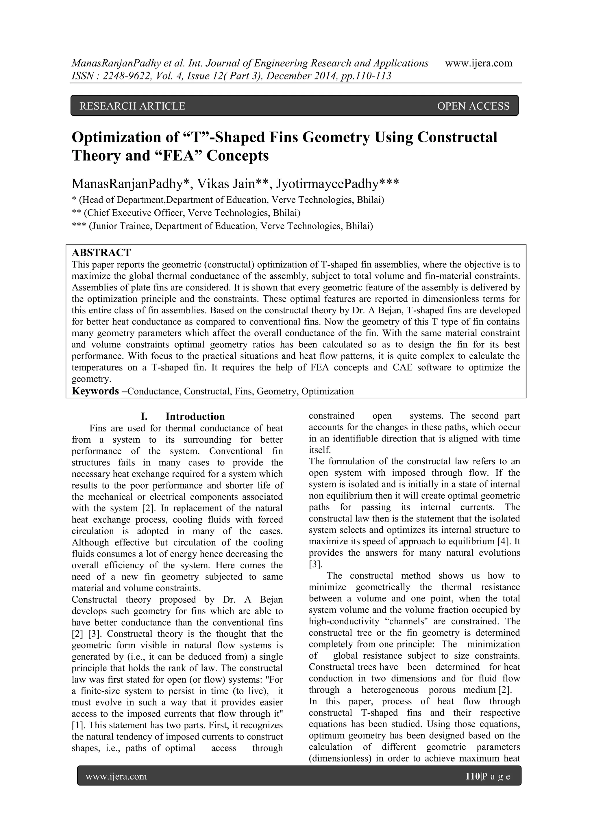 Optimization of “T”-Shaped Fins Geometry Using Constructal Theory and “FEA” Concepts | PDF