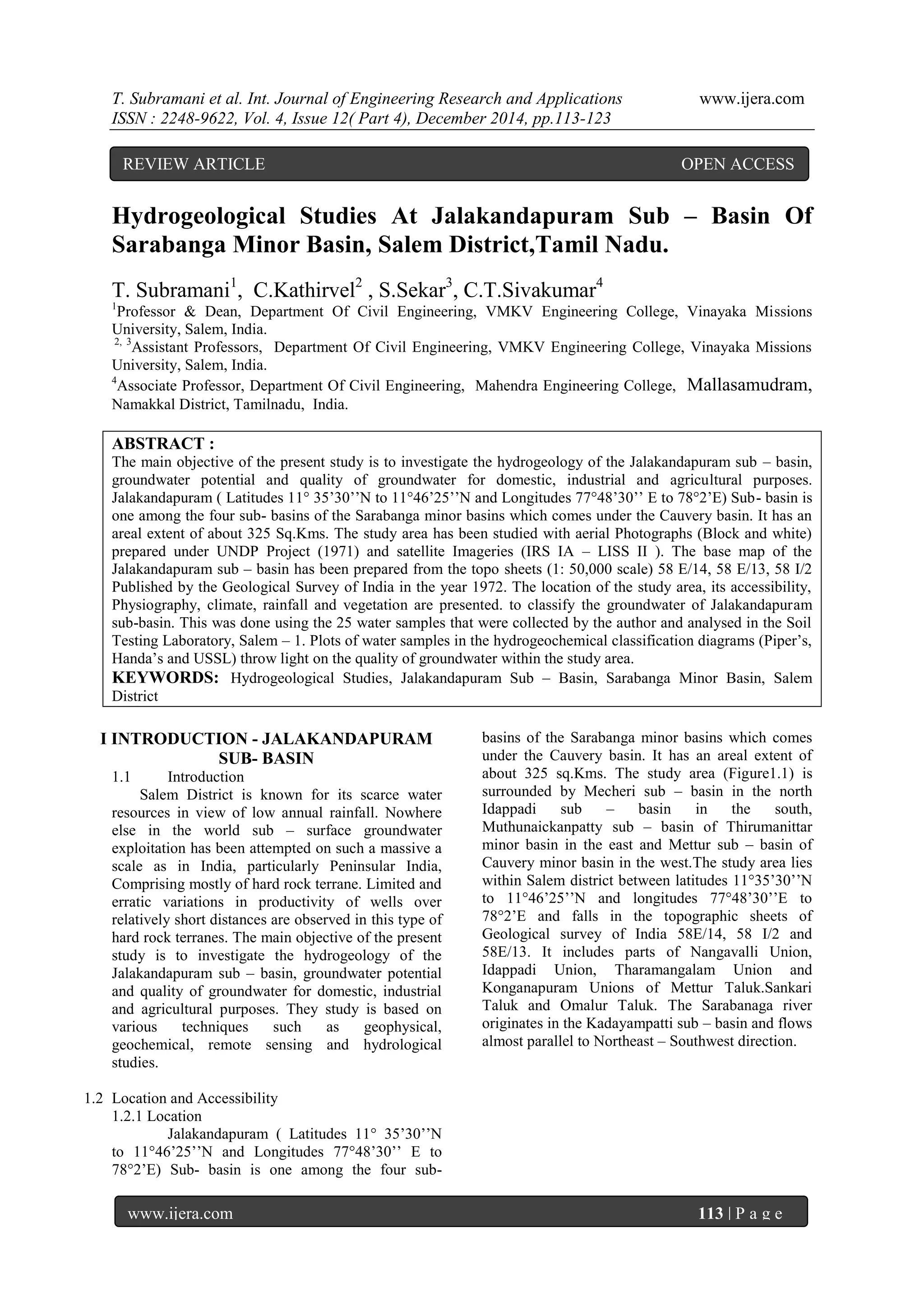 Hydrogeological Studies At Jalakandapuram Sub – Basin Of Sarabanga ...
