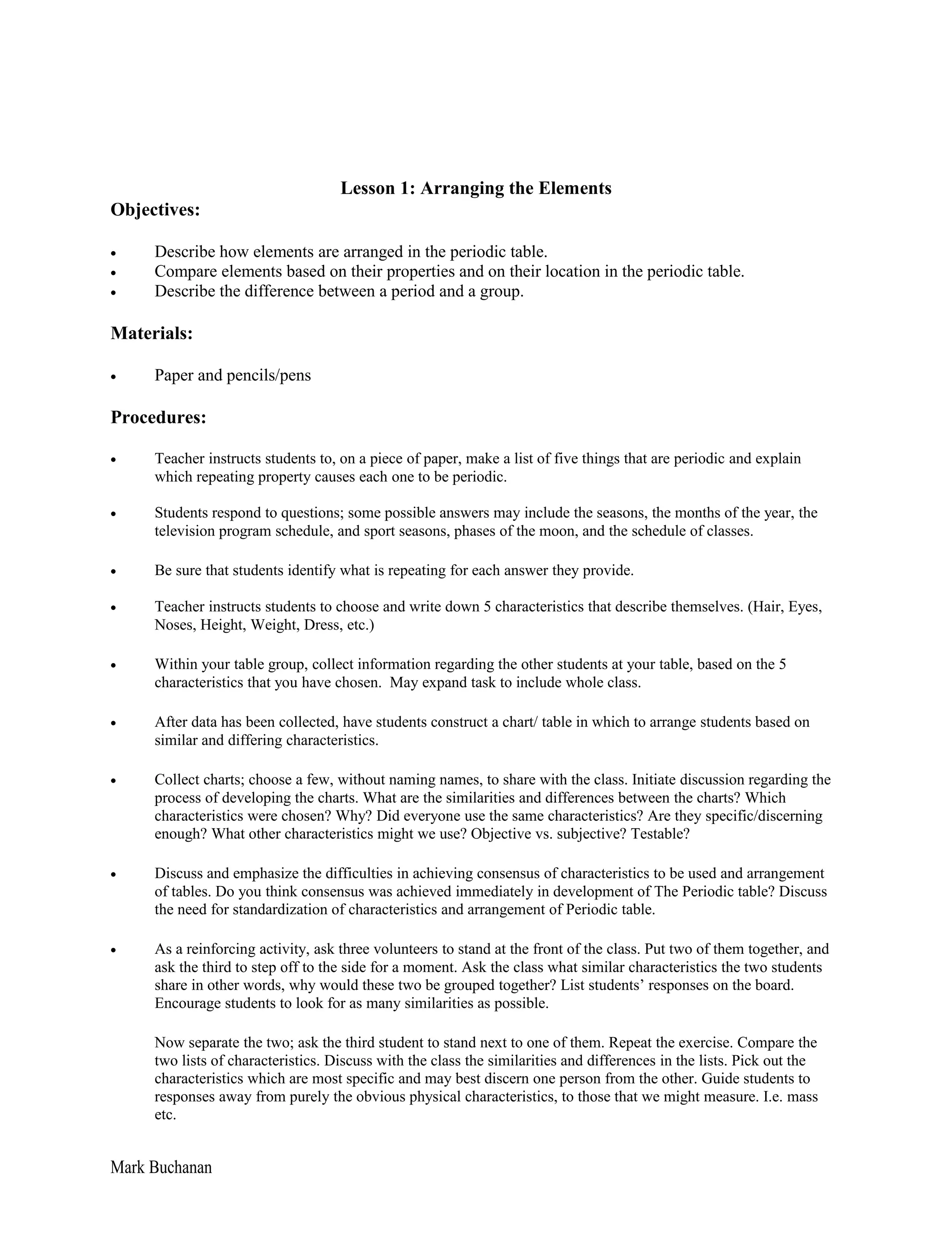 S1 2 - chemistry and periodic table unit plan | DOC