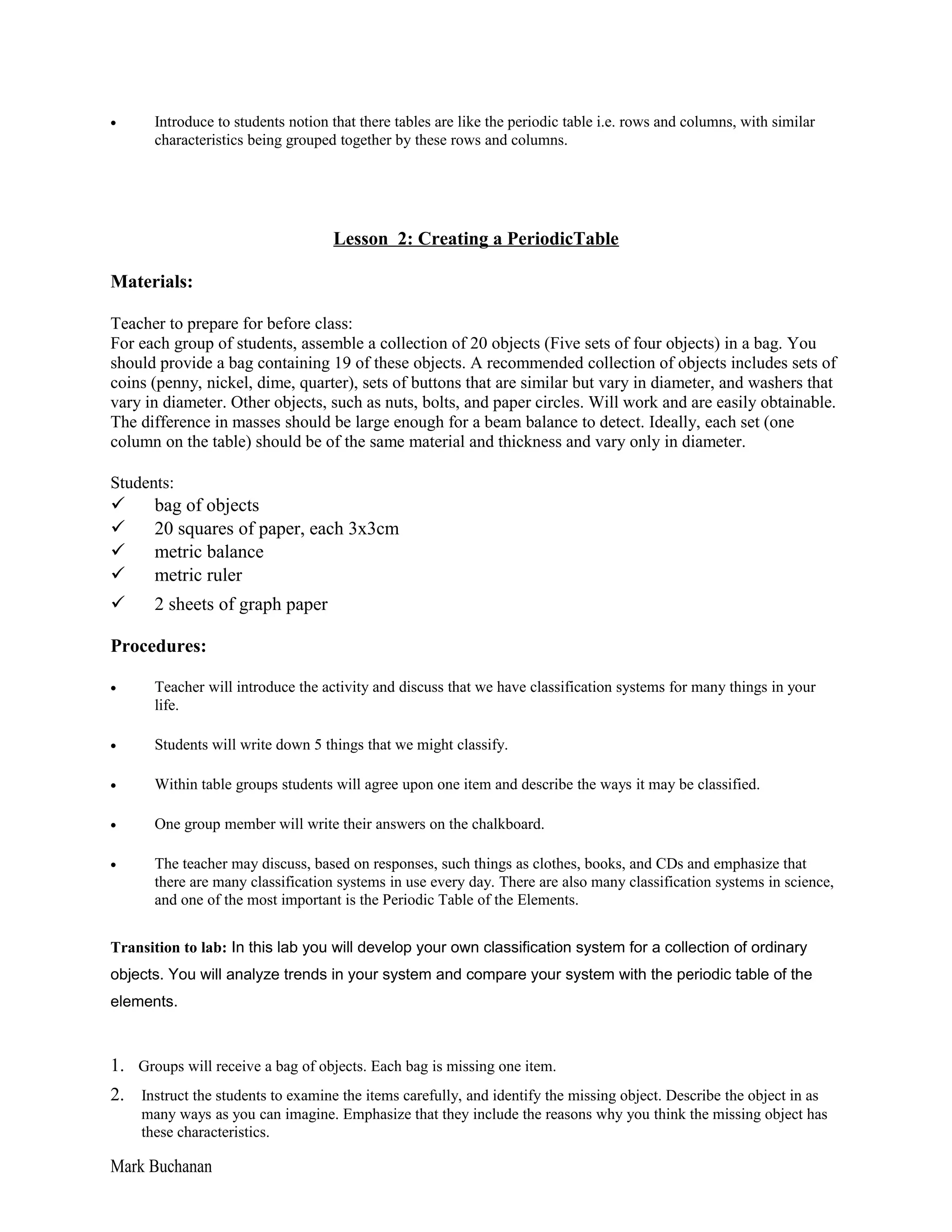 S1 2 - chemistry and periodic table unit plan | DOC