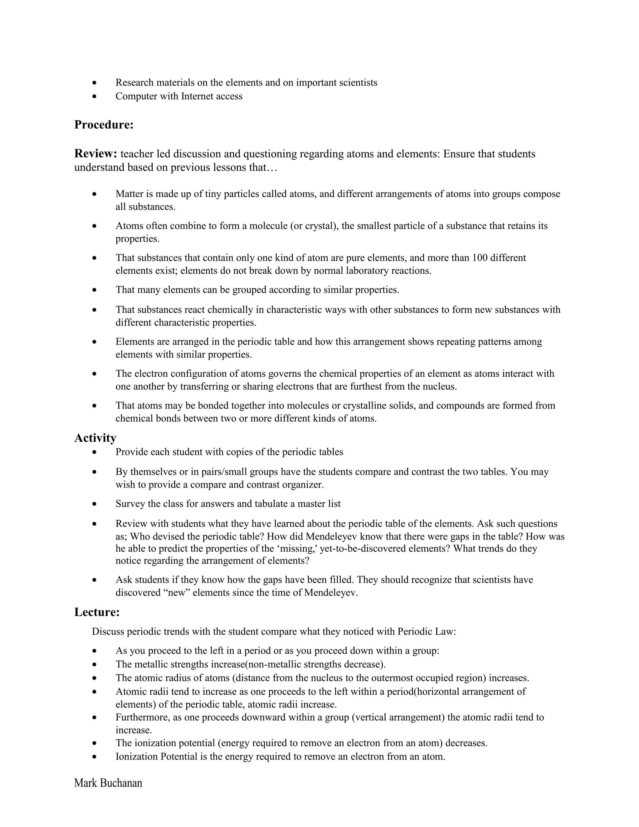 S1 2 - chemistry and periodic table unit plan | DOC