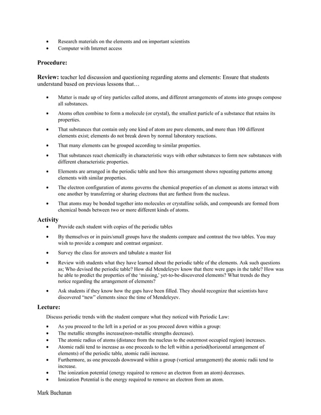 S1 2 - chemistry and periodic table unit plan | DOC
