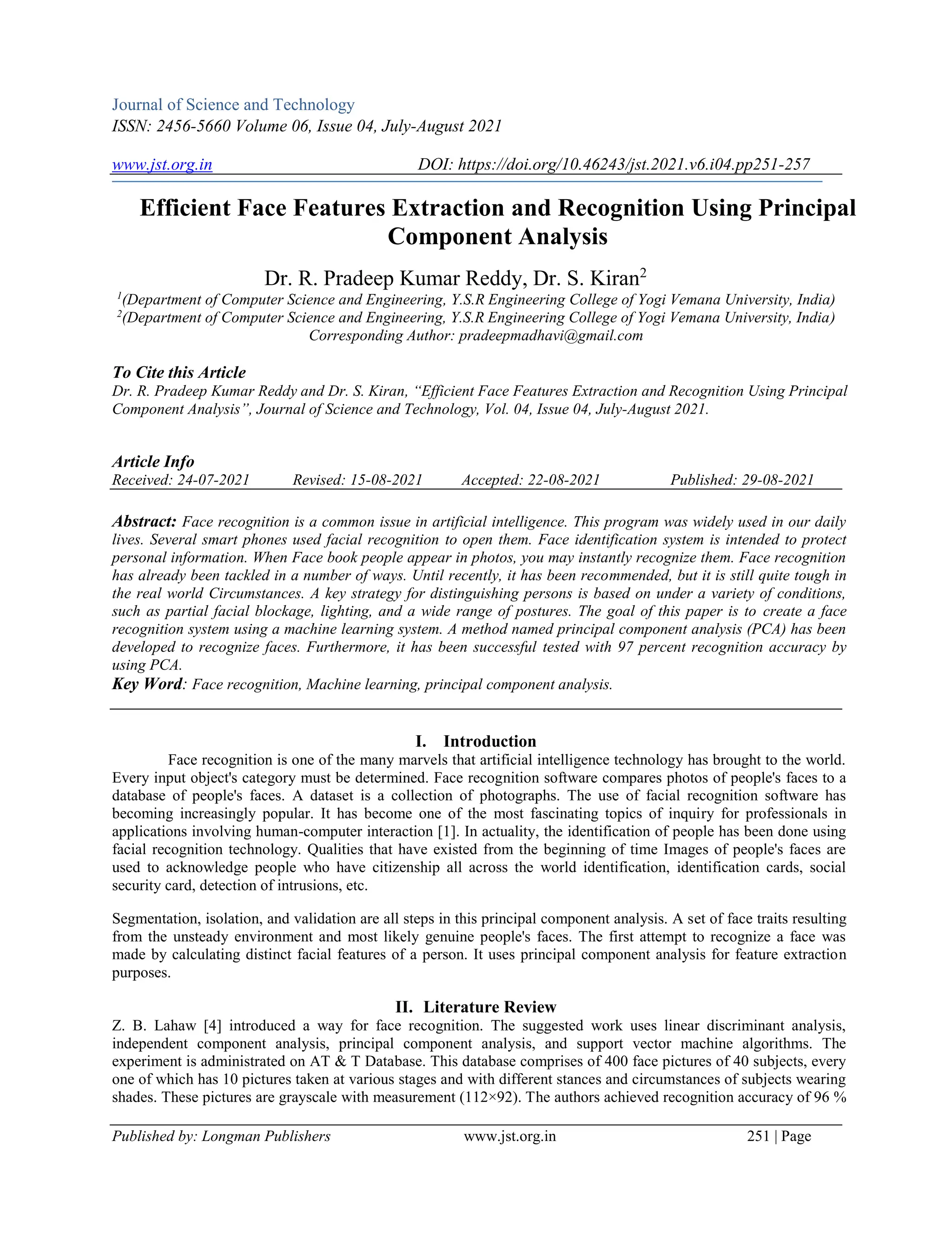 Efficient Face Features Extraction And Recognition Using Principal Component Analysis Pdf