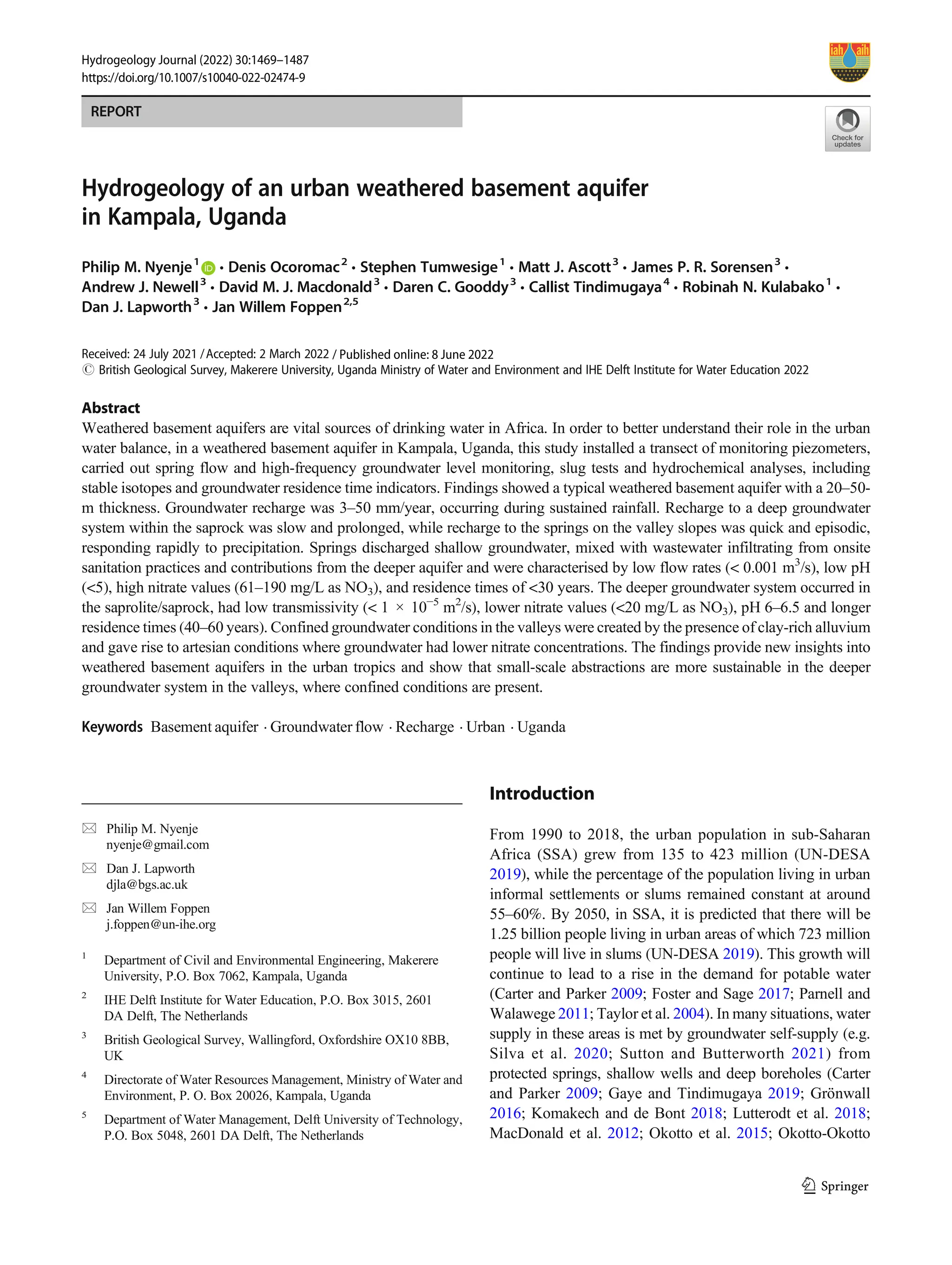 Hydrogeology of an urban weathered basement aquifer in Kampala, Uganda ...