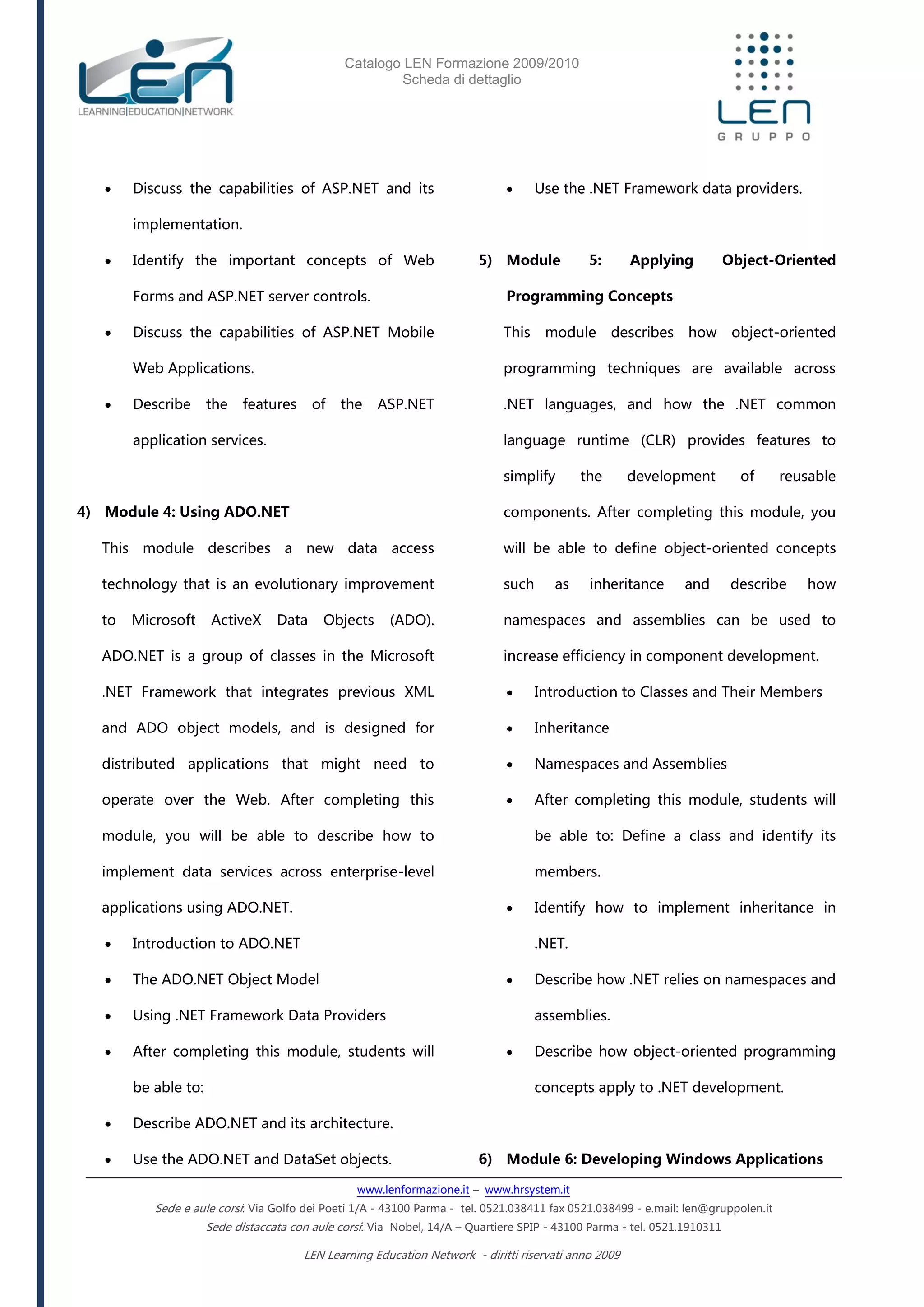 Introduction to microsoft .net development - Scheda corso LEN | PDF