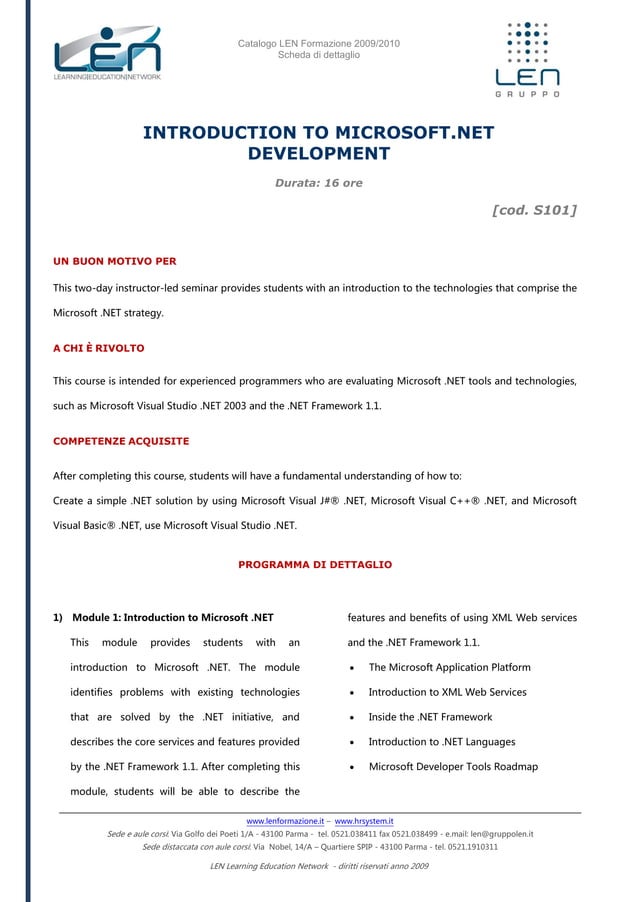 Introduction to microsoft .net development - Scheda corso LEN | PDF