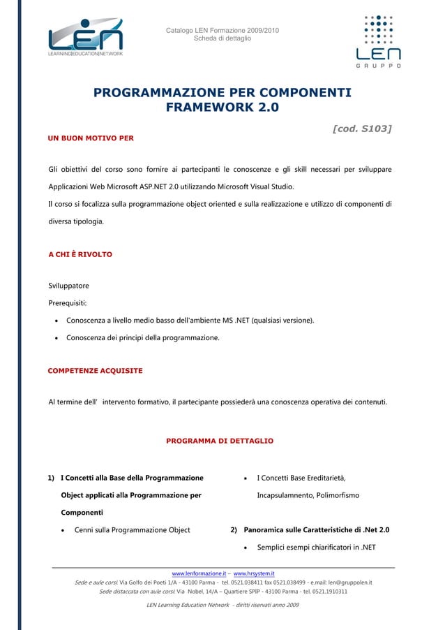 Programmazione per componenti framework 2.0 - Scheda corso LEN | PDF