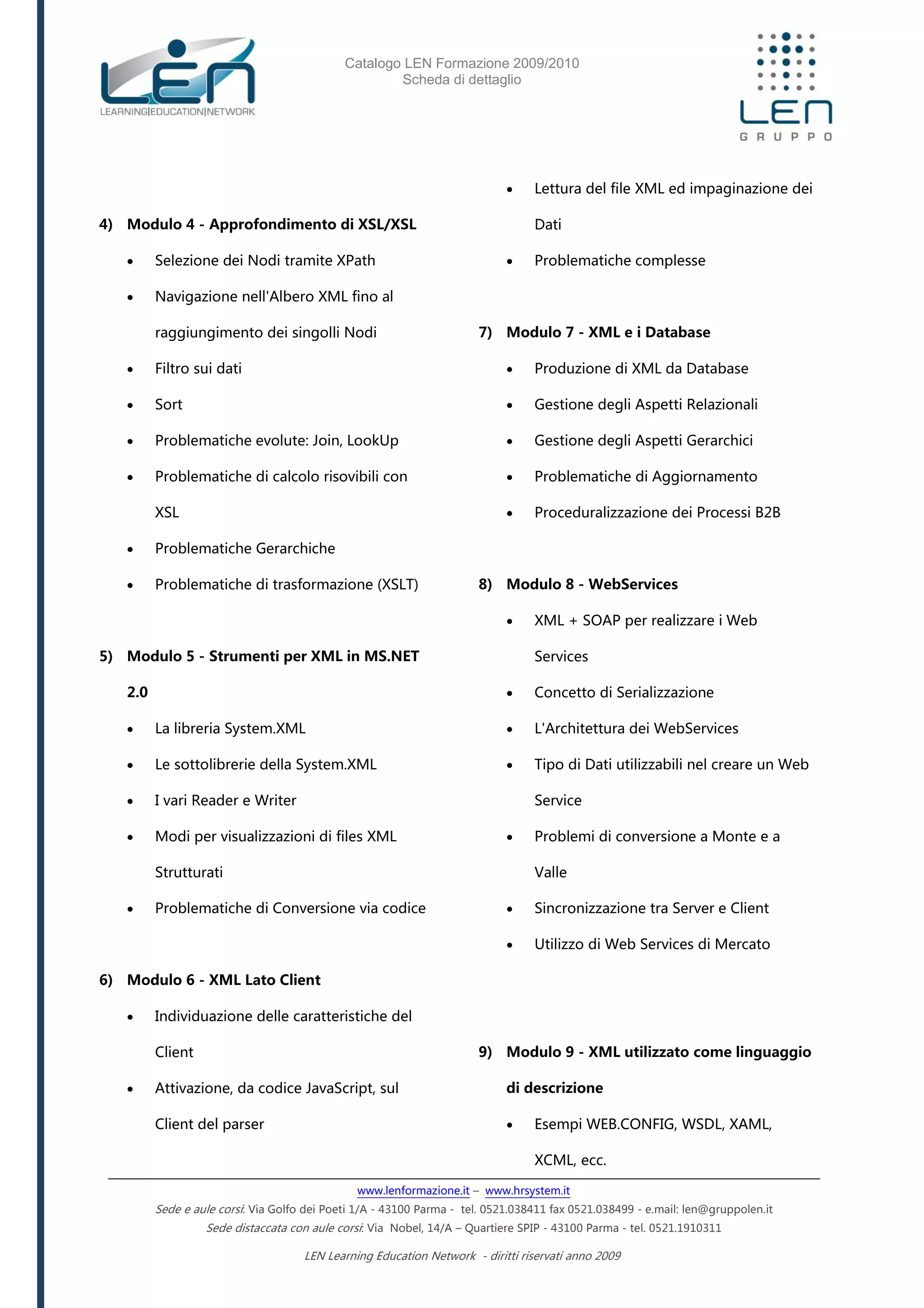 Programmazione xml framework 2.0 - Scheda corso LEN | PDF