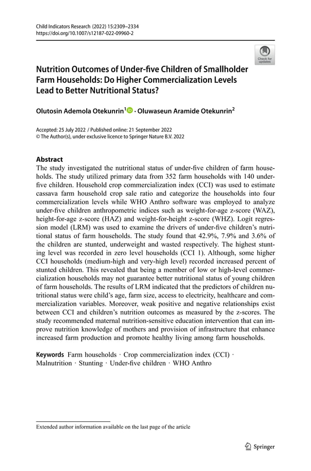 Nutrition Outcomes of Under-five Children of Smallholder Farm ...