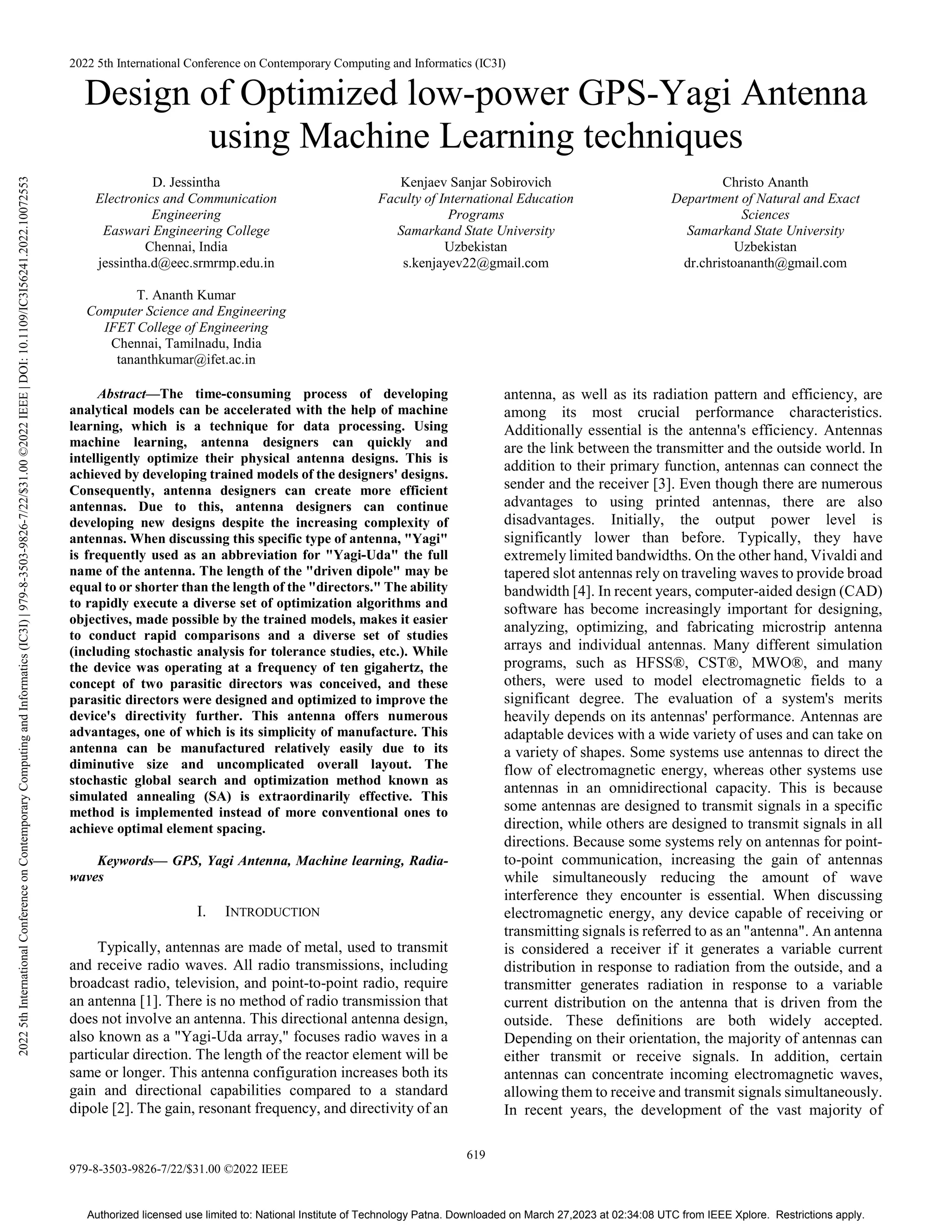 Design of Optimized low-power GPS-Yagi Antenna using Machine Learning techniques | PDF