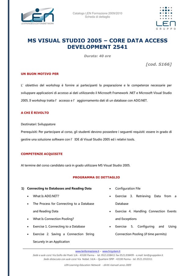 MS VISUAL STUDIO 2005 – Core data access development - Scheda corso LEN | PDF