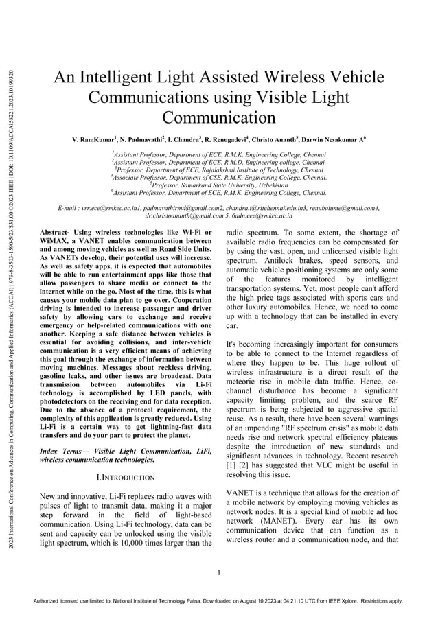 An Intelligent Light Assisted Wireless Vehicle Communications Using Visible Light Communication 