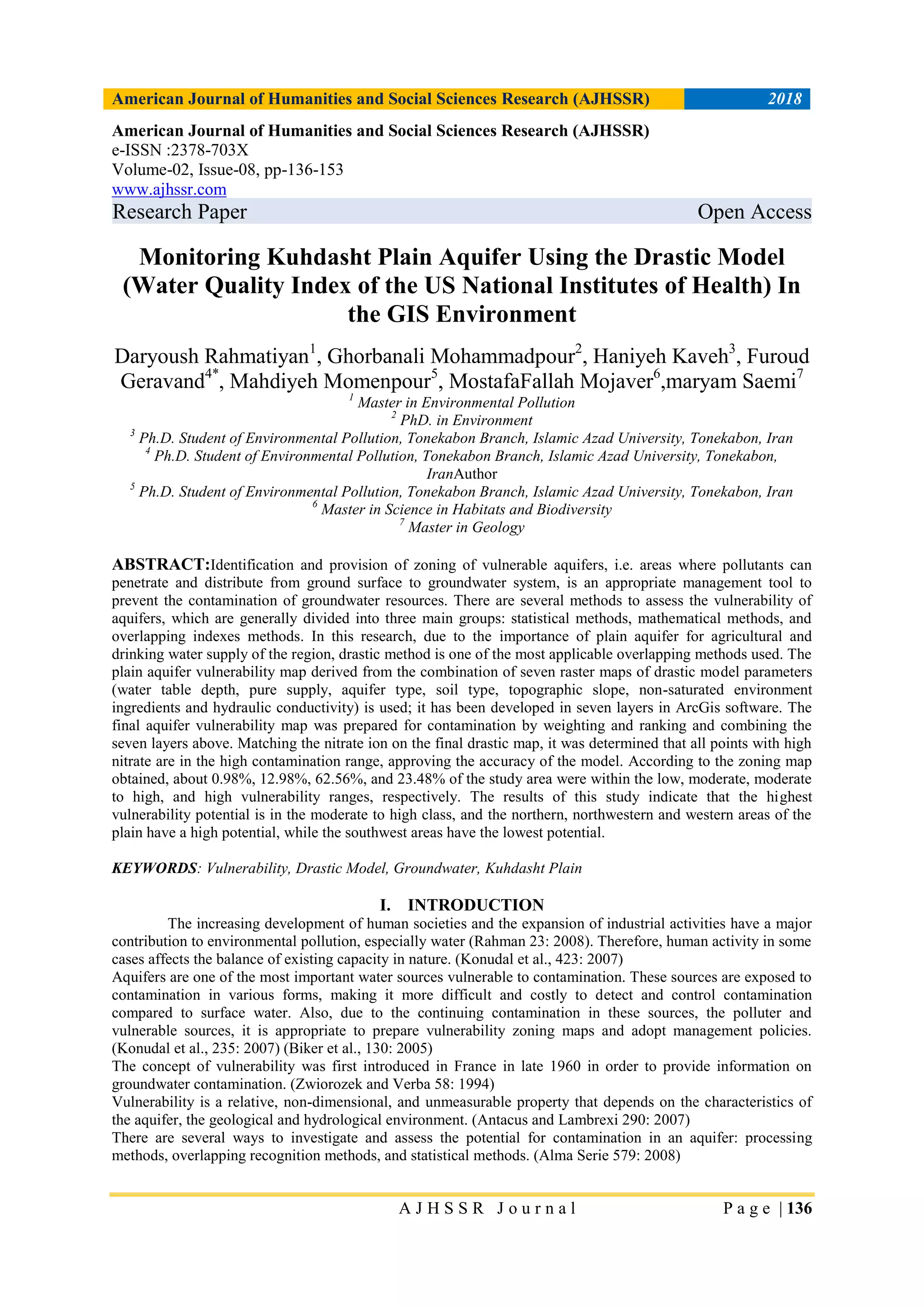 Monitoring Kuhdasht Plain Aquifer Using the Drastic Model (Water ...