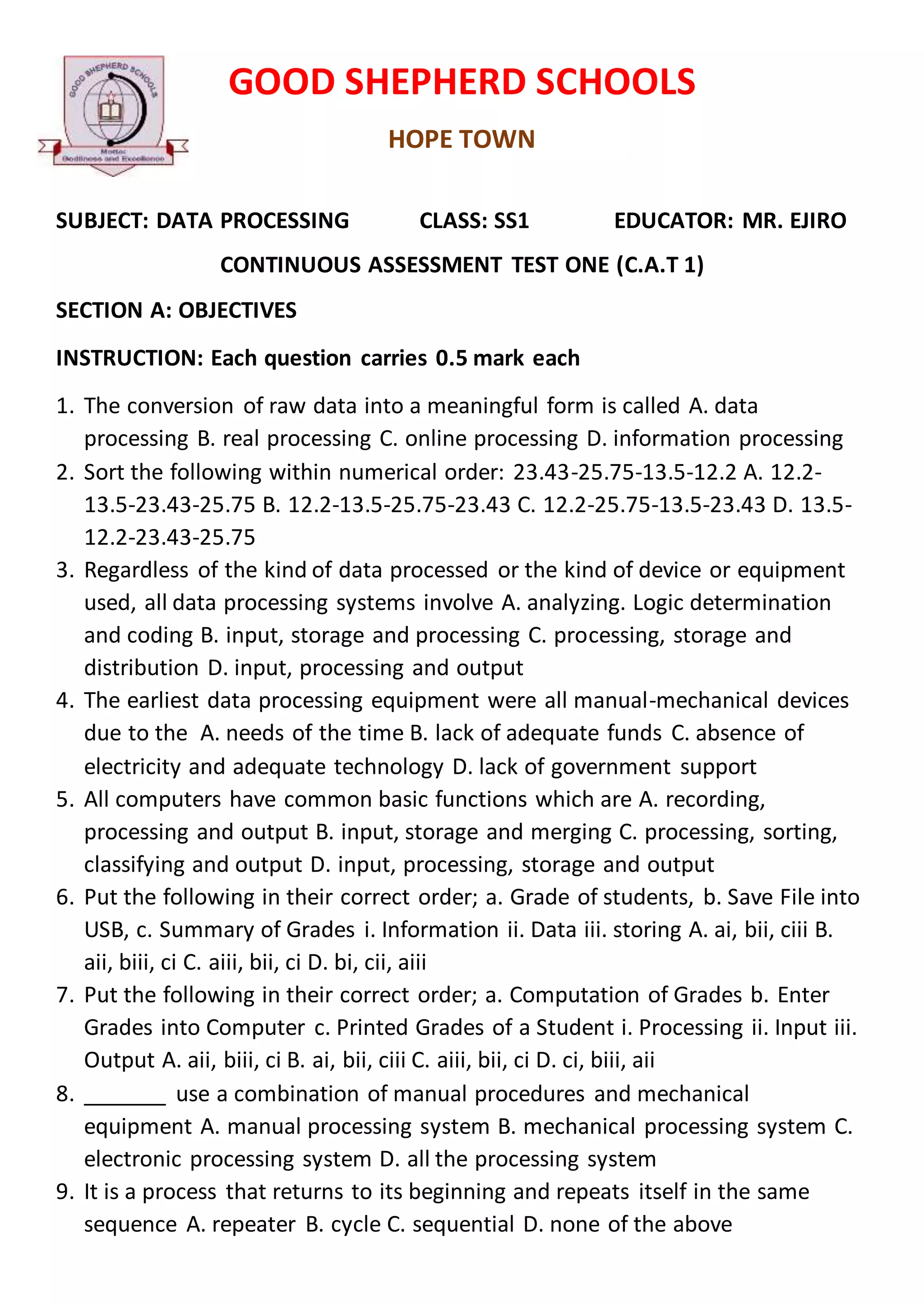 S1 Data Processing C.A 1 | DOCX | Computing | Technology & Computing