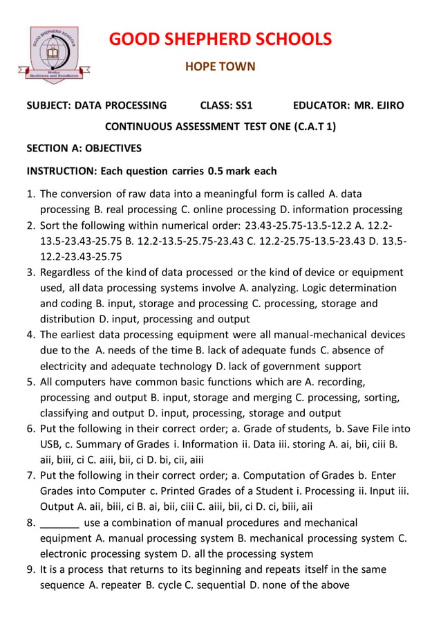 S1 Data Processing C.A 1 | DOCX | Computing | Technology & Computing