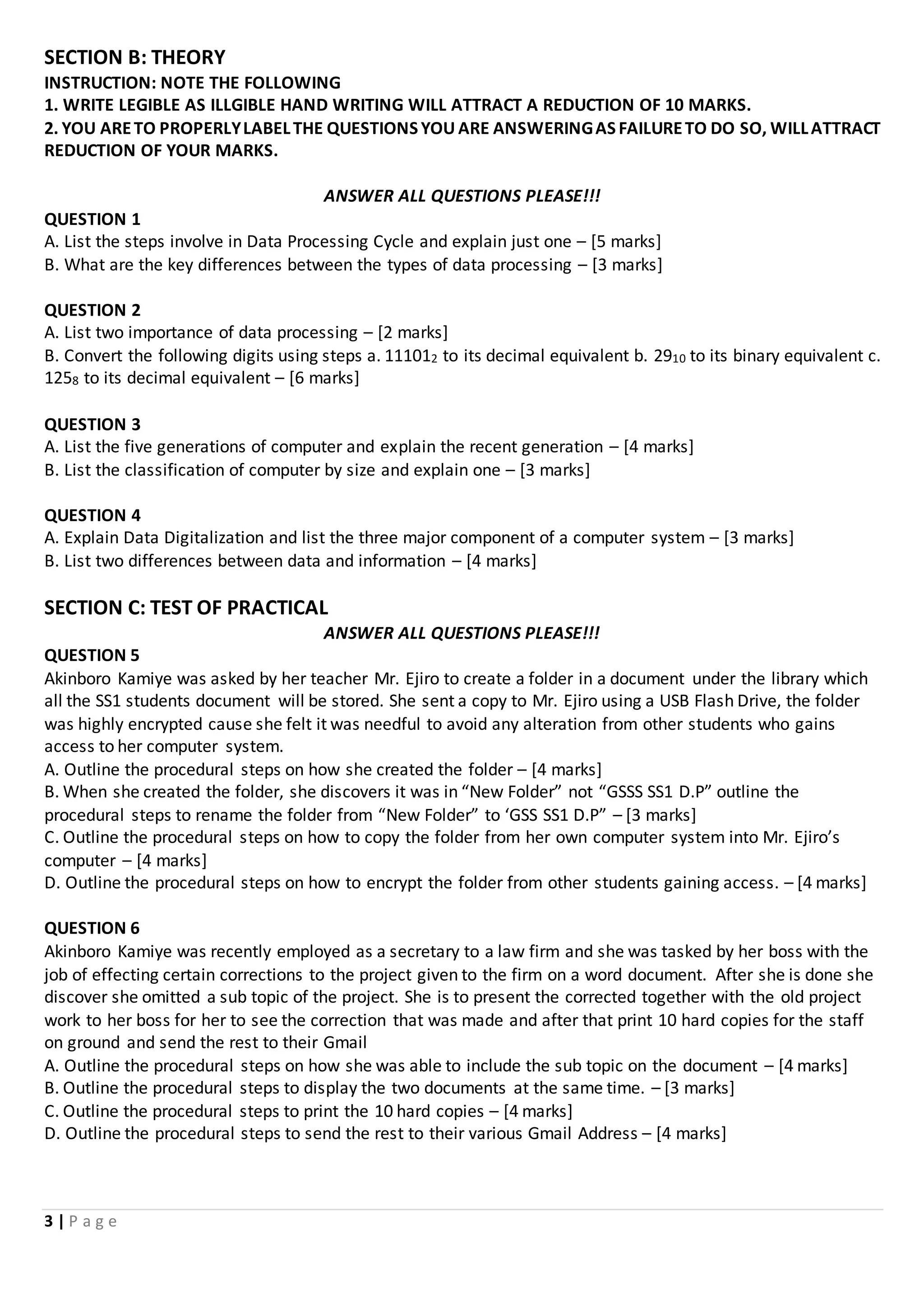SS1 DATA PROCESSING EXAMINATION (FIRST TERM) | DOCX