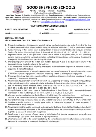 SS1 DATA PROCESSING EXAMINATION (FIRST TERM) | DOCX