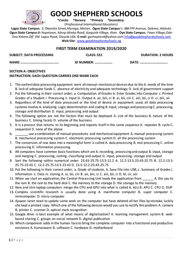 SS1 DATA PROCESSING EXAMINATION (FIRST TERM) | DOCX