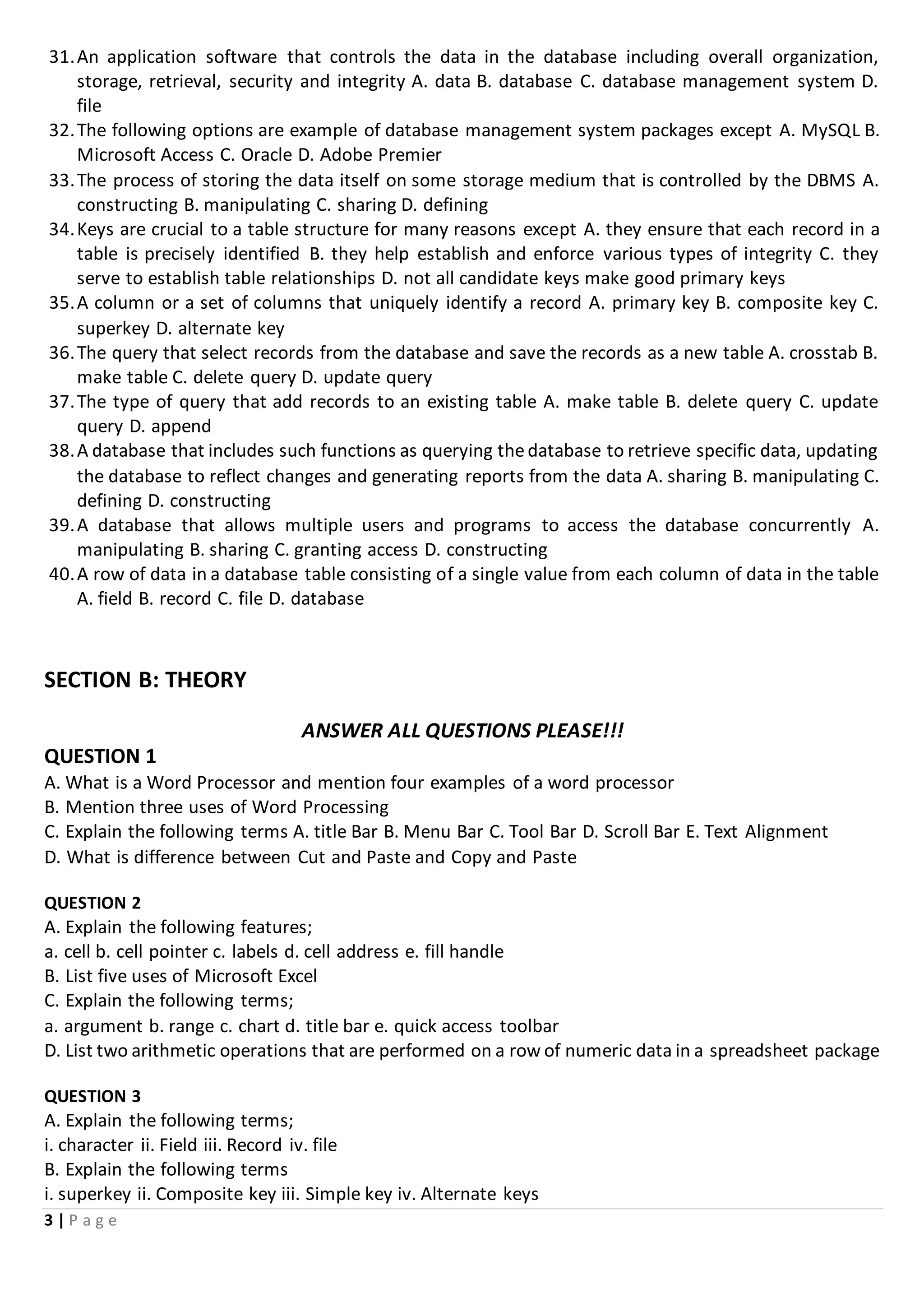 SS1 Data Processing Examination with Test of Practical (Third Term) | DOCX