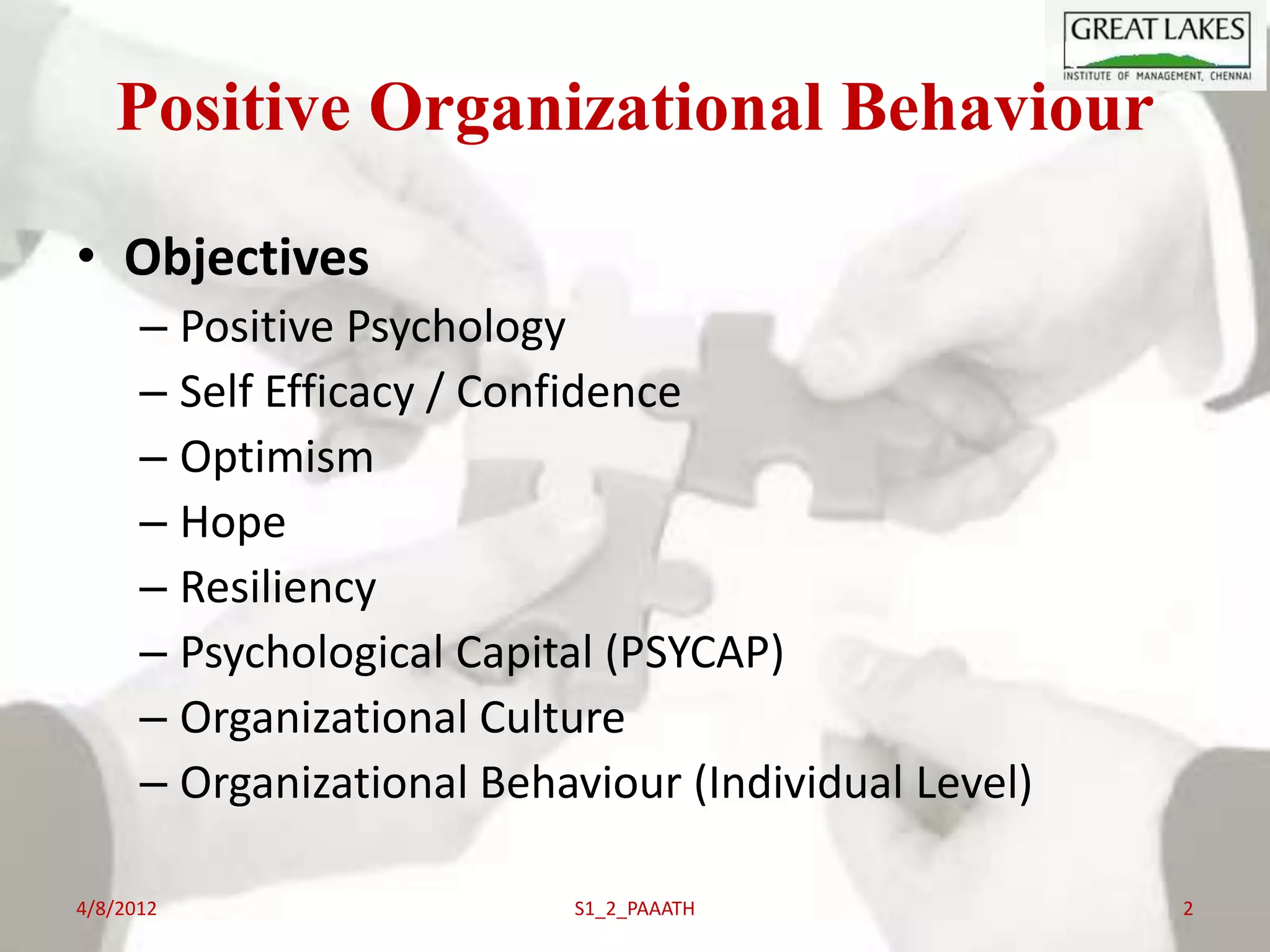 POSITIVE ORGANIZATIONAL BEHAVIOUR | PPTX