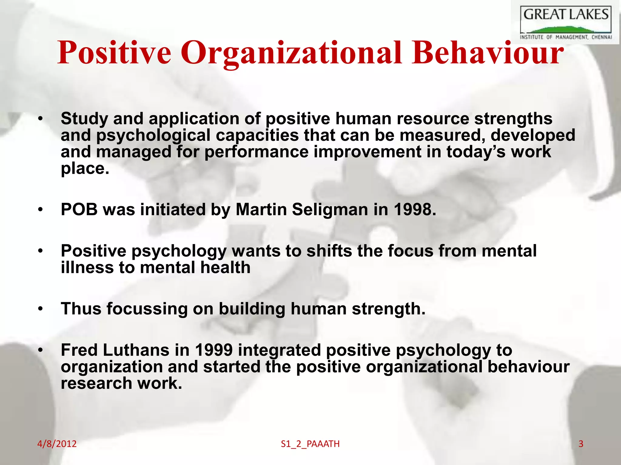 POSITIVE ORGANIZATIONAL BEHAVIOUR | PPTX