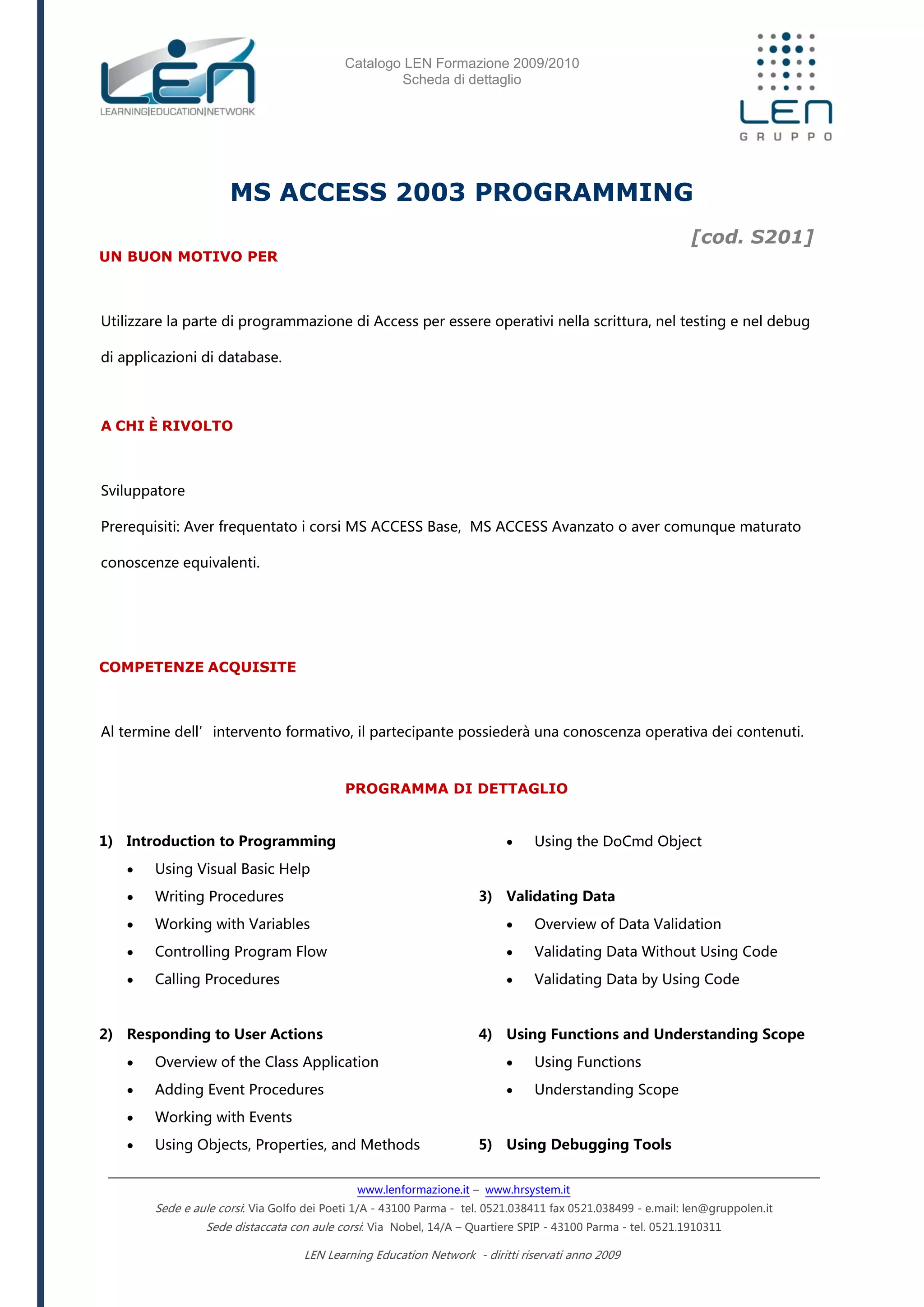 MS Access 2003 - Programming - Scheda corso LEN | PDF