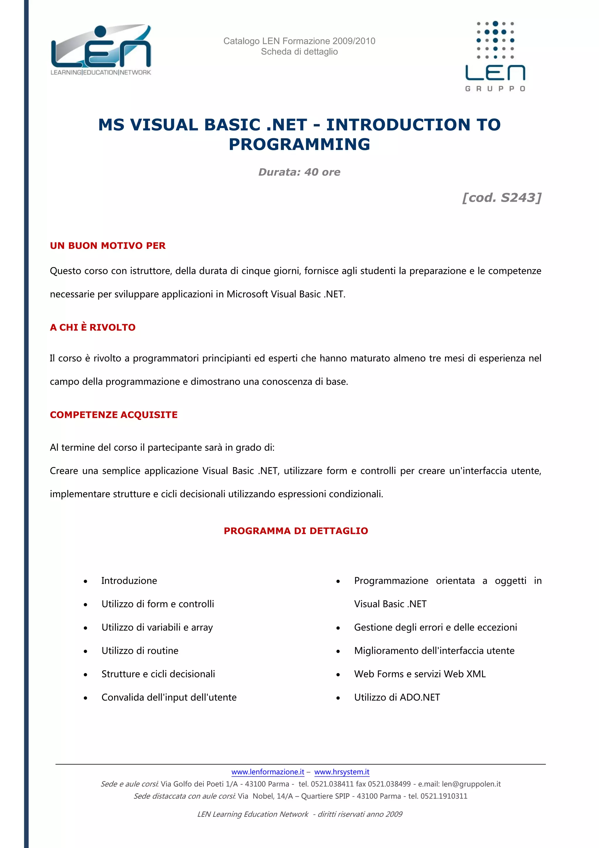 MS VISUAL BASIC .NET - Introduction to programming - Scheda corso LEN | PDF MS VISUAL BASIC .NET - Introduction to programming - Scheda corso LEN | PDF