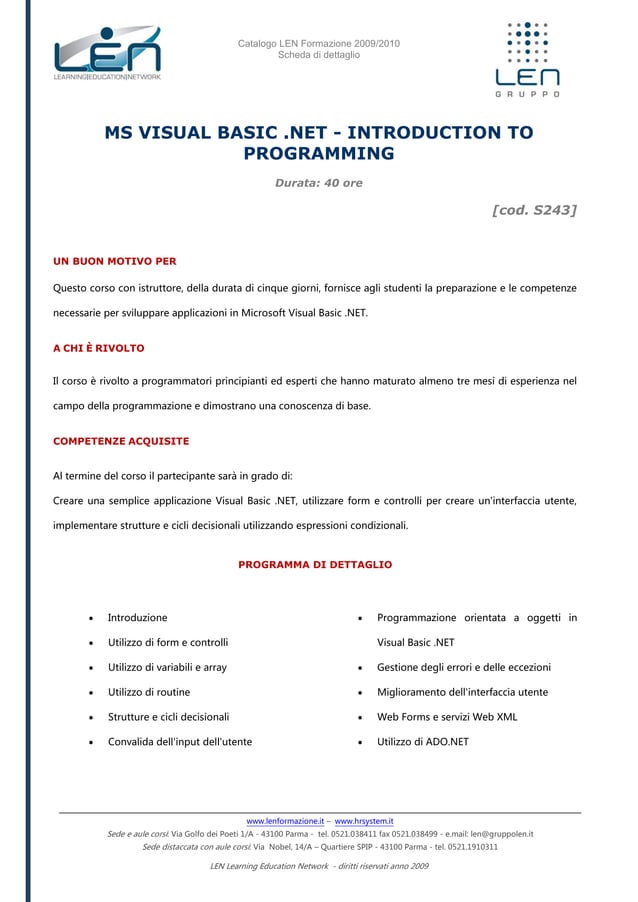 MS VISUAL BASIC .NET - Introduction to programming - Scheda corso LEN | PDF